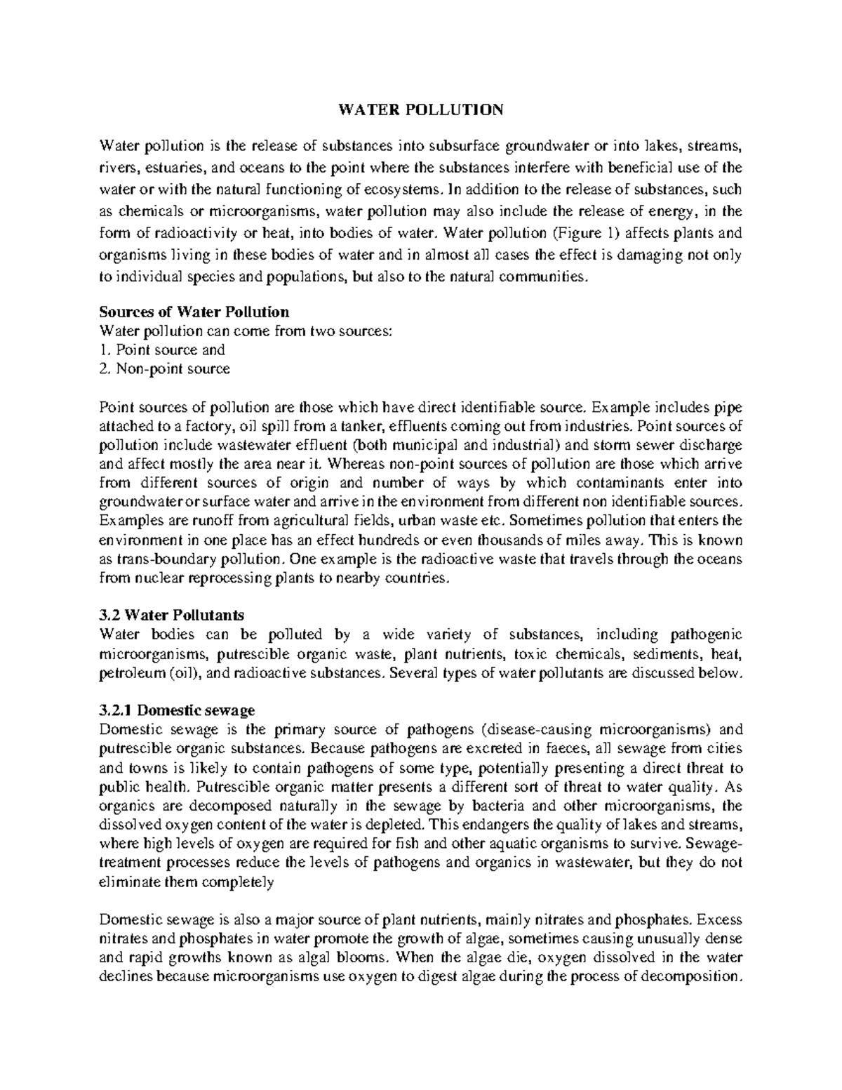 NOTE ON Water Pollution - WATER POLLUTION Water pollution is the ...