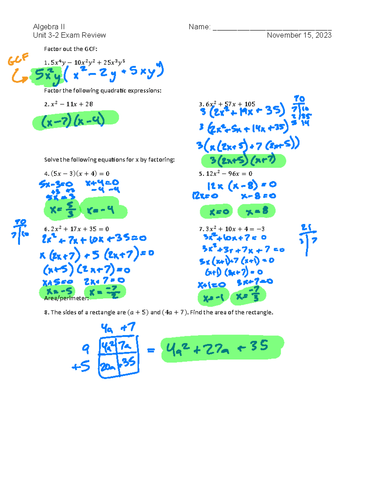 2023+Quad+Factoring+Test+Review+L+Key - Algebra II Name ...