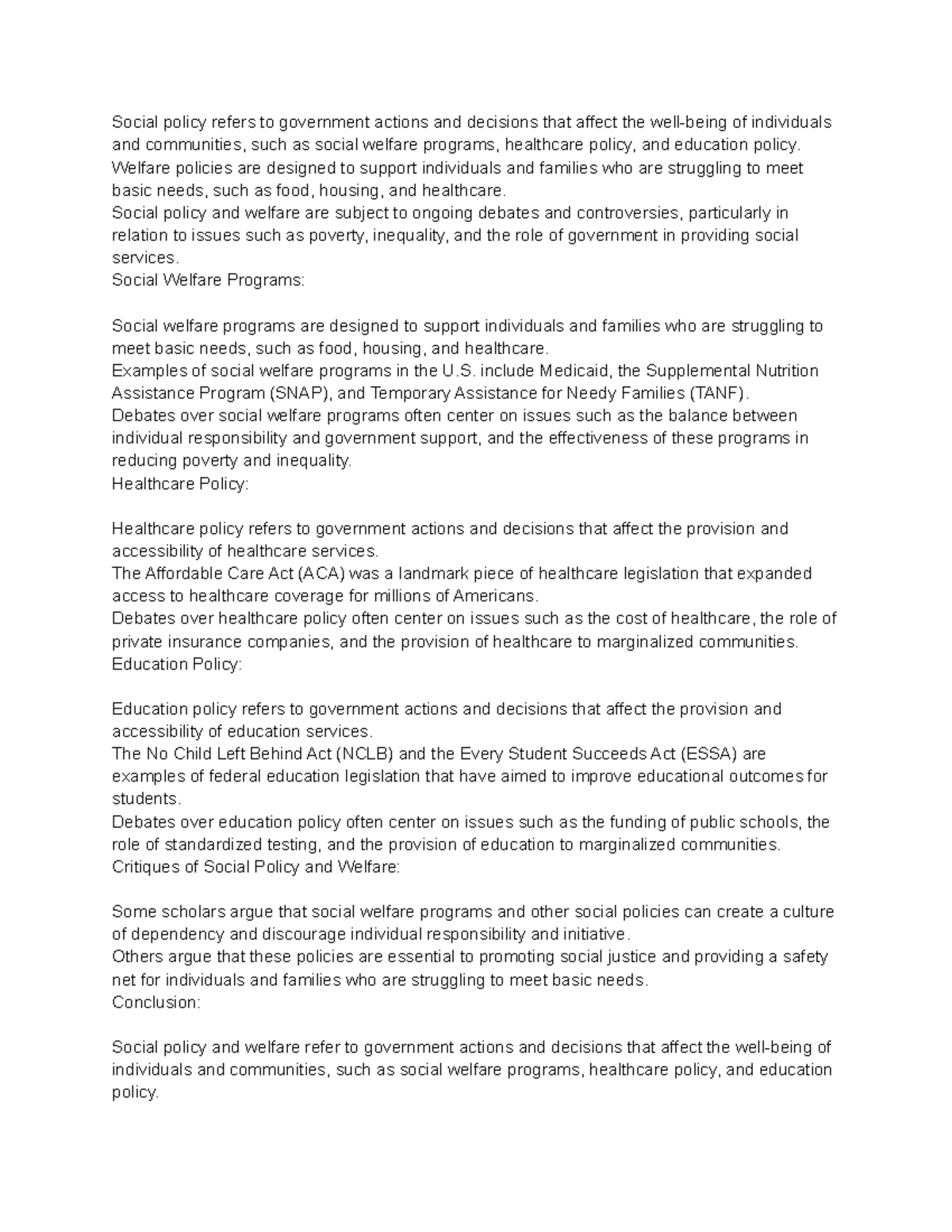 Social Policy and Welfare - Social policy refers to government actions ...