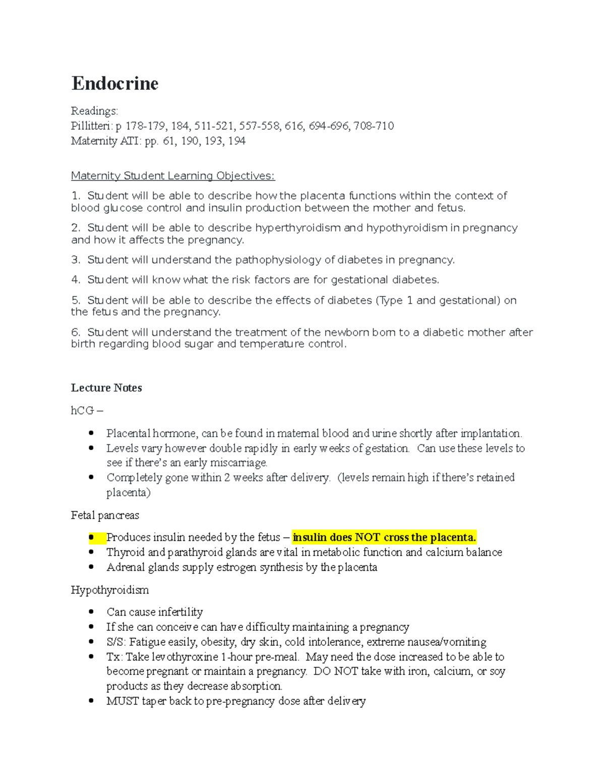 Lecture Endocrine maternal newborn - Endocrine Readings: Pillitteri: p ...