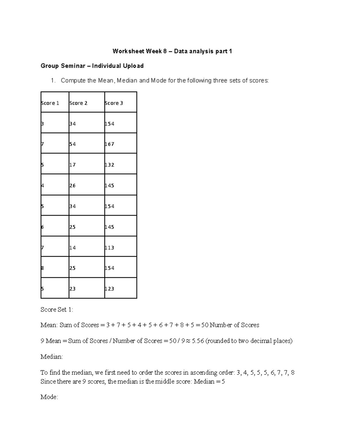 FNR100 Week 8 Discussion Questions - Worksheet Week 8 – Data analysis part 1 Group Seminar ...