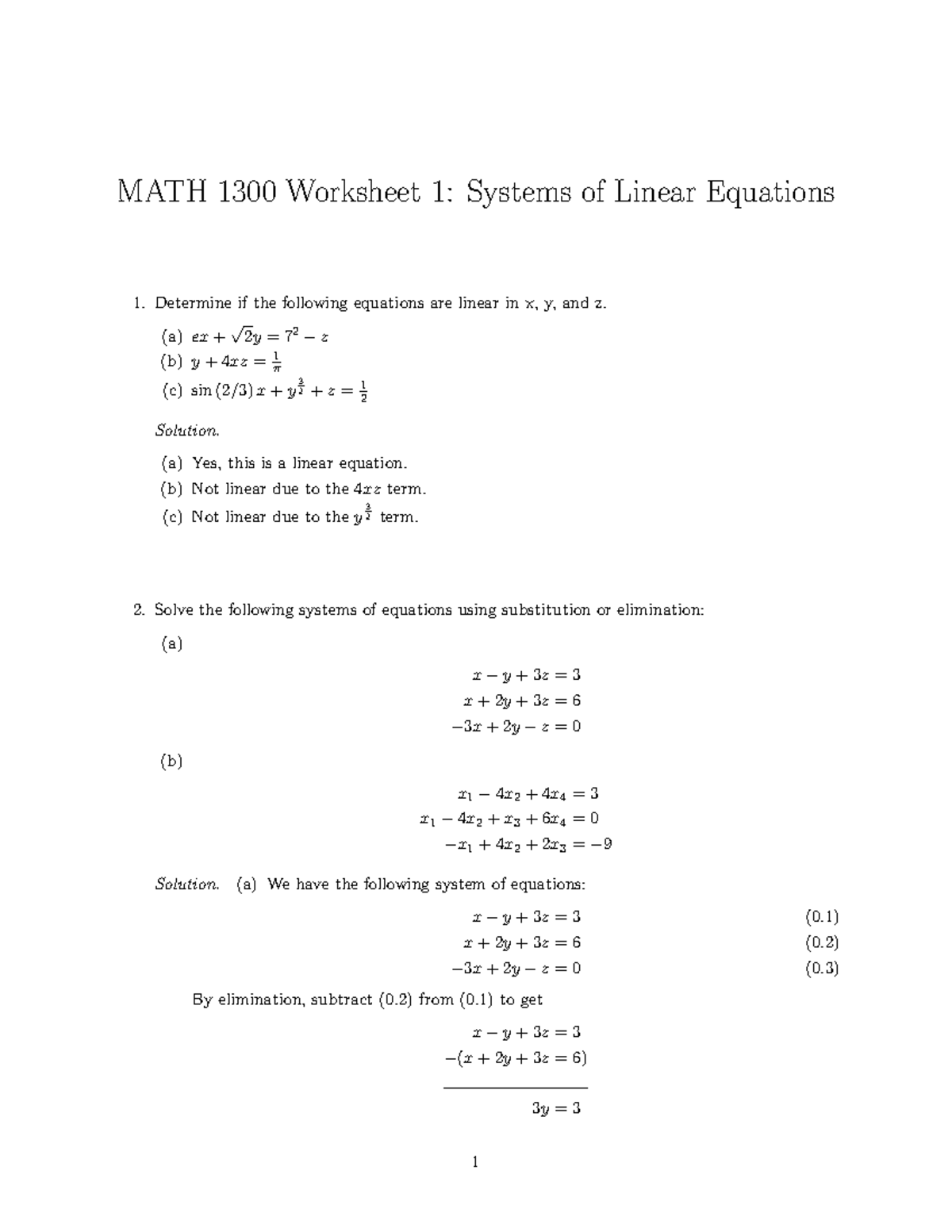 Worksheet 1 sol - MATH 1300 Worksheet 1: Systems of Linear Equations ...