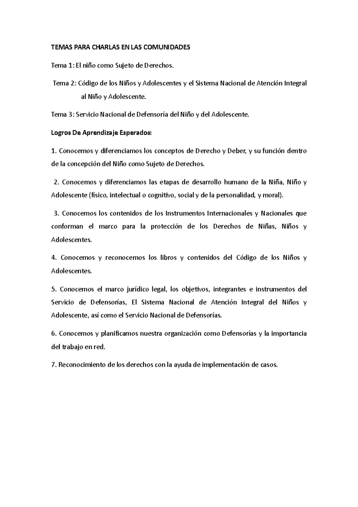 Temas PARA Charlas EN LAS Comunidades - TEMAS PARA CHARLAS EN LAS ...