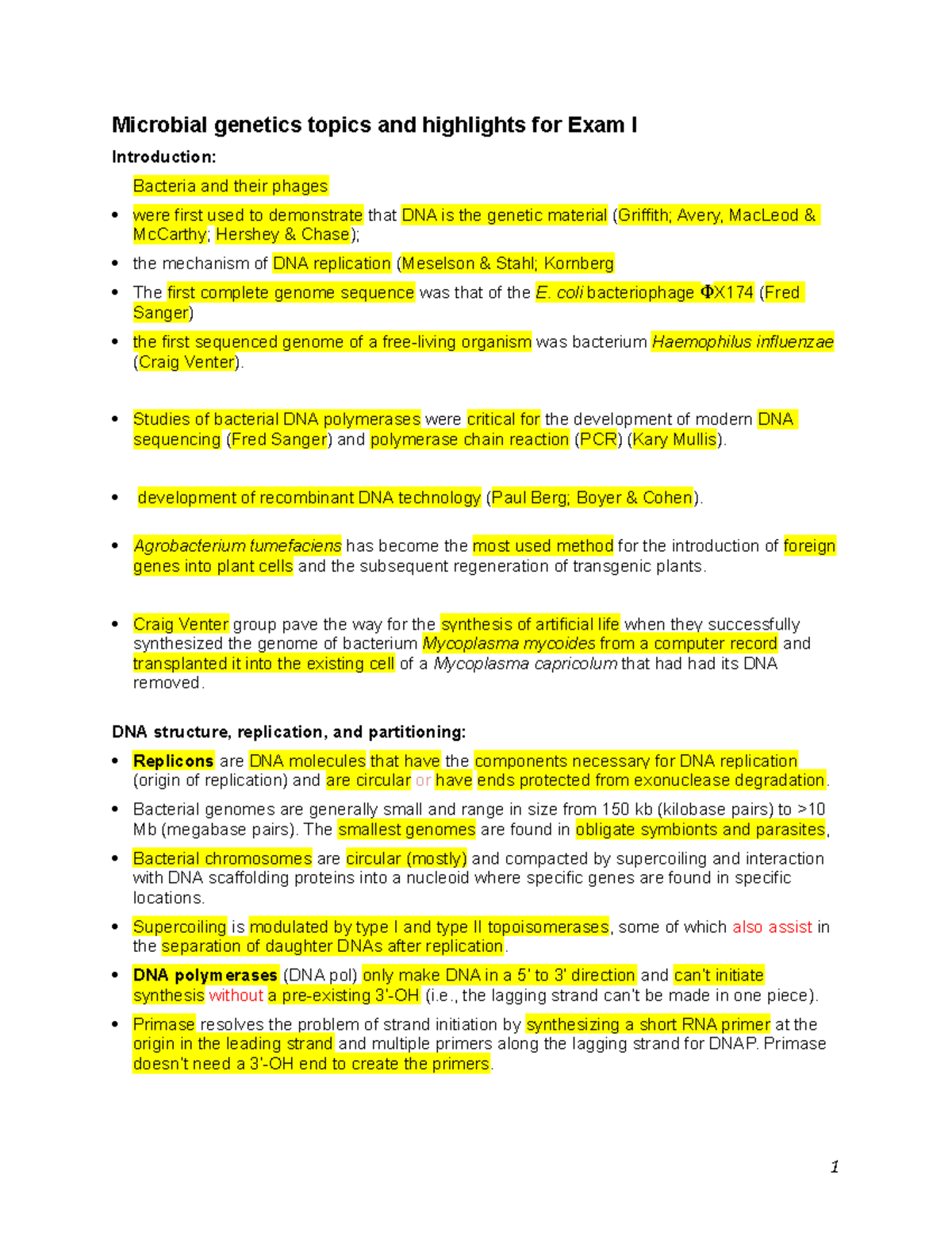 Microbial Genetics Exam 1 Key study concepts - part I - Microbial ...