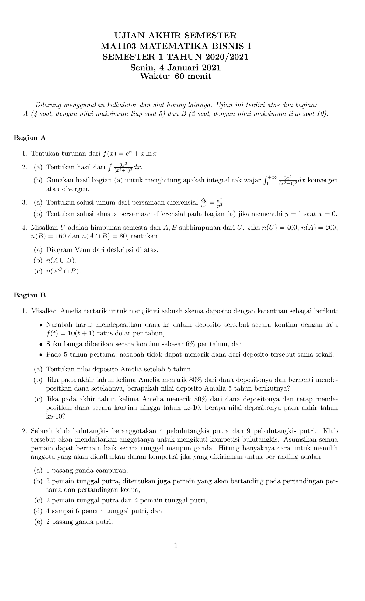 UAS Matbis I 2020-2021 - Final Exam Business Mathematics 1 - UJIAN ...