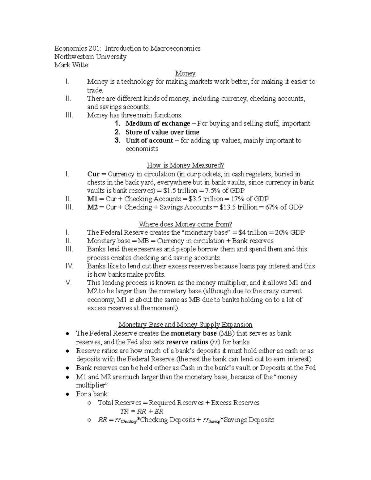 Econ 201 Handout on Money Mulitplier - Economics 201: Introduction to ...