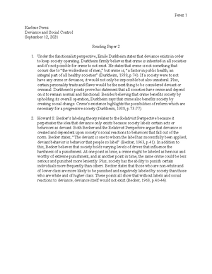 Reading paper 4 socy 2440 - Perez 1 Karlene Perez Deviance and Social Control October 17, 2021 ...
