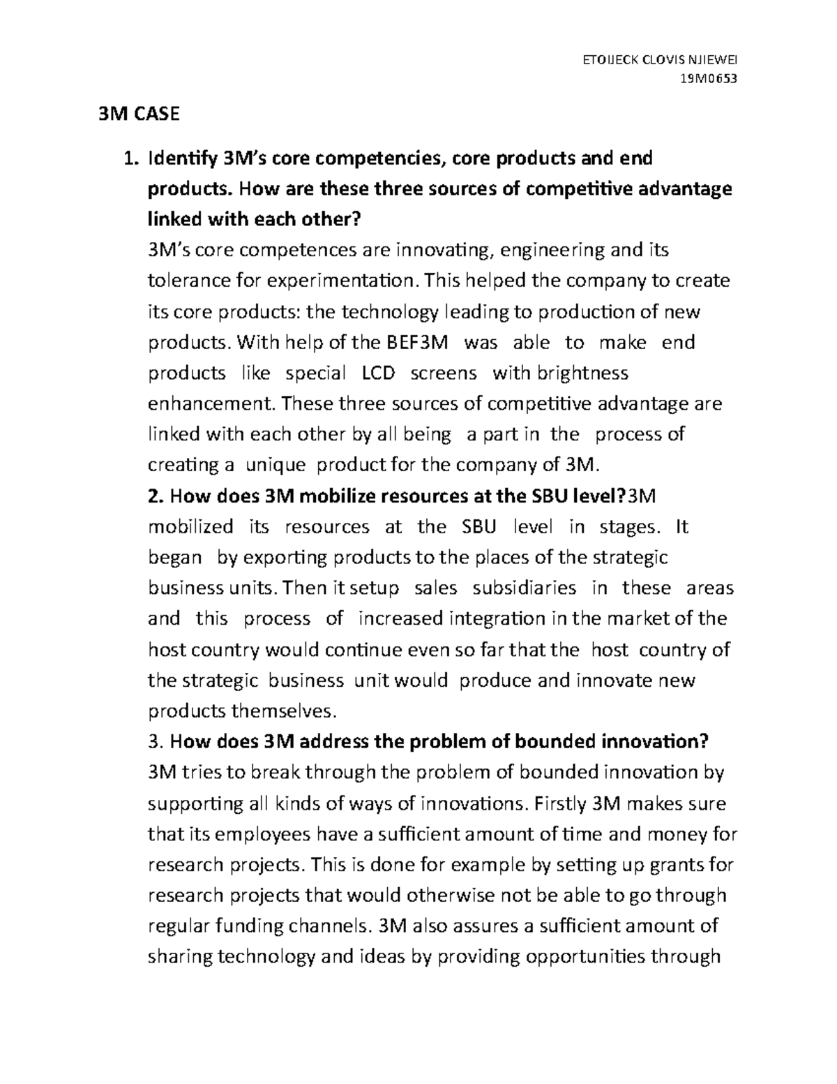 The 3M CASE - Identify 3M’s core competencies - 19M 3M CASE Identify 3M ...