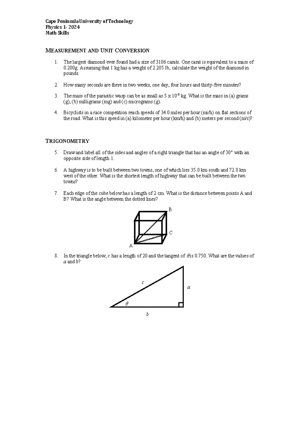 Physics 1 PHB150S Maths Skills - Cape Peninsula University of ...