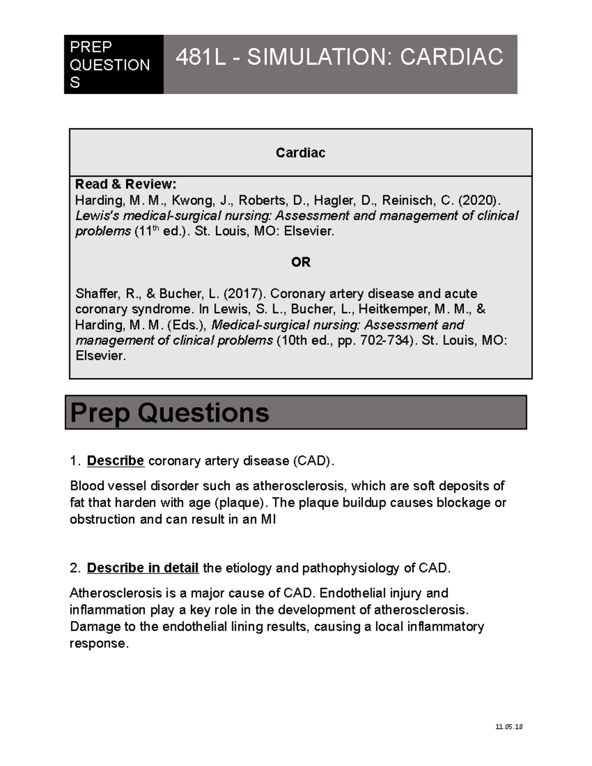 Pre-Sim Assignment Day 3 - QUESTION S 481L - SIMULATION: CARDIAC ...