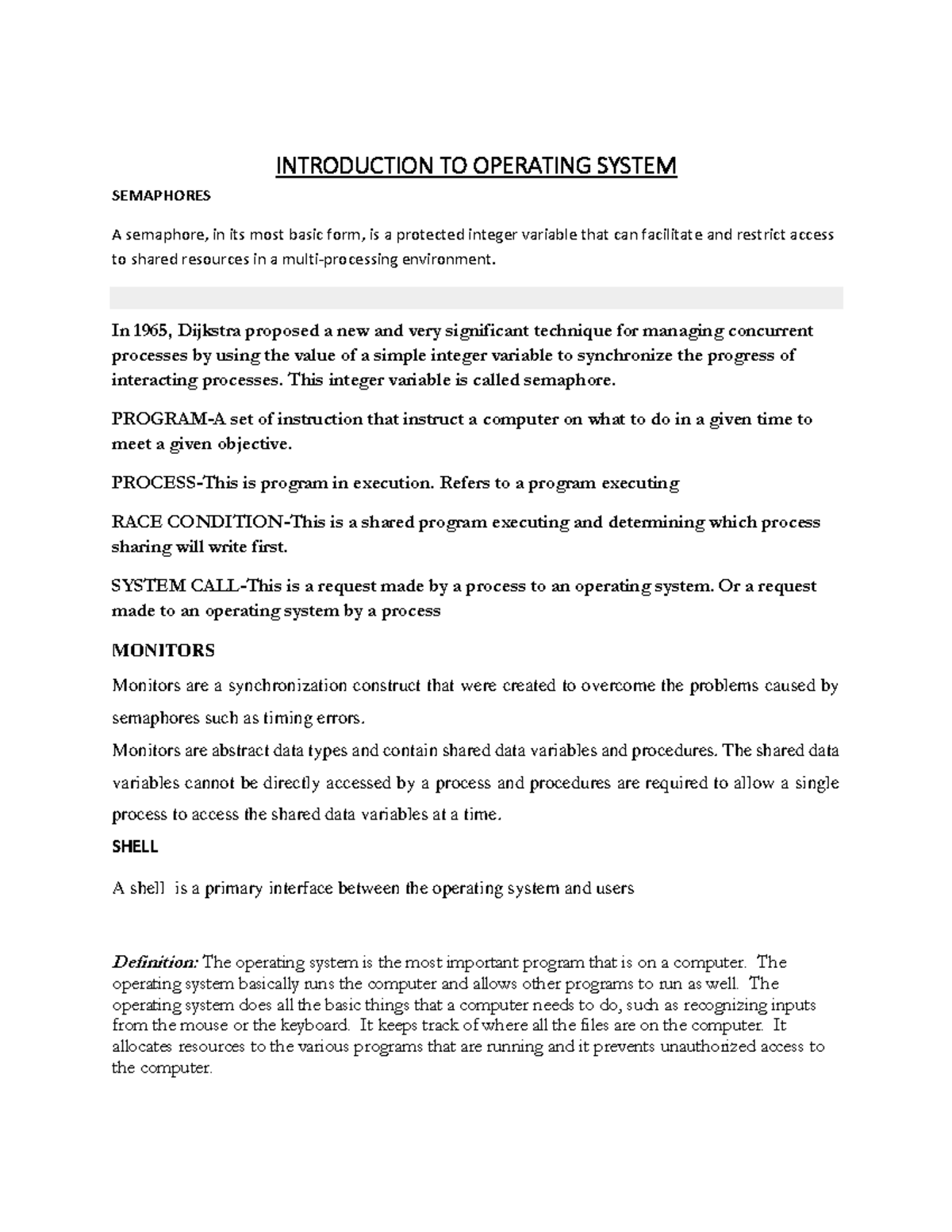 Introduction TO Operating System - INTRODUCTION TO OPERATING SYSTEM SEMAPHORES A semaphore, in ...