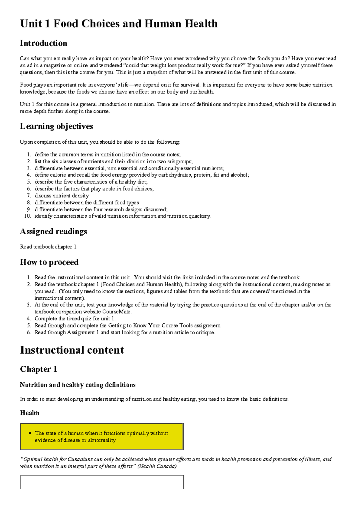 Unit1NotesContent - Unit 1 Food Choices and Human Health Introduction ...