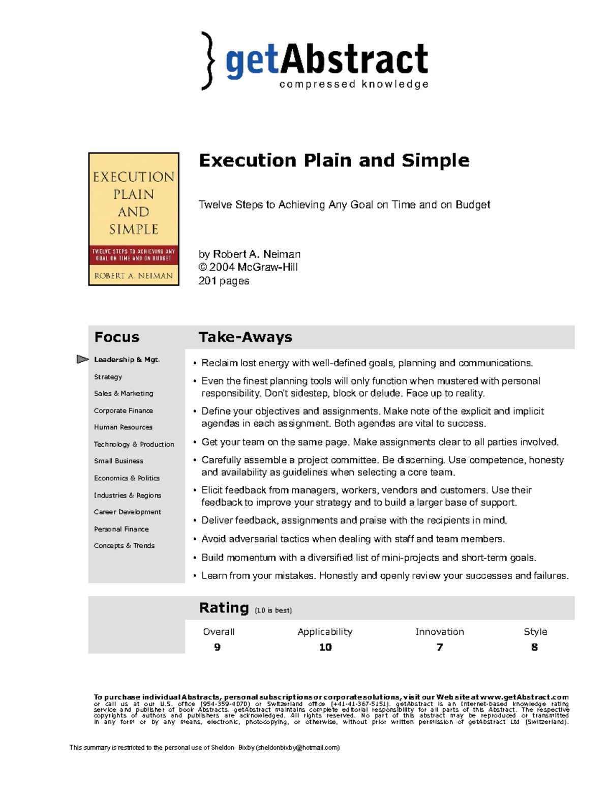 Execution Plain Simple - Focus Take-Aways Rating (10 is best) Overall ...
