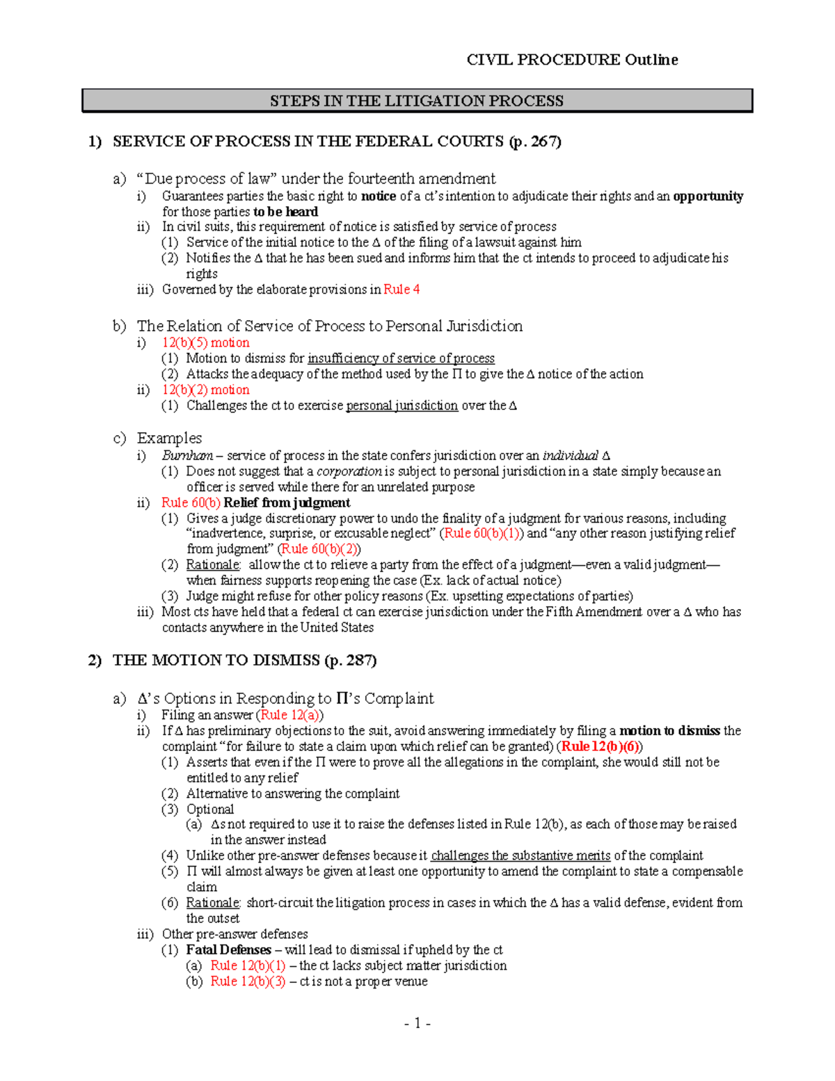 Civil Procedure Law Outline - 2 - STEPS IN THE LITIGATION PROCESS 1 ...