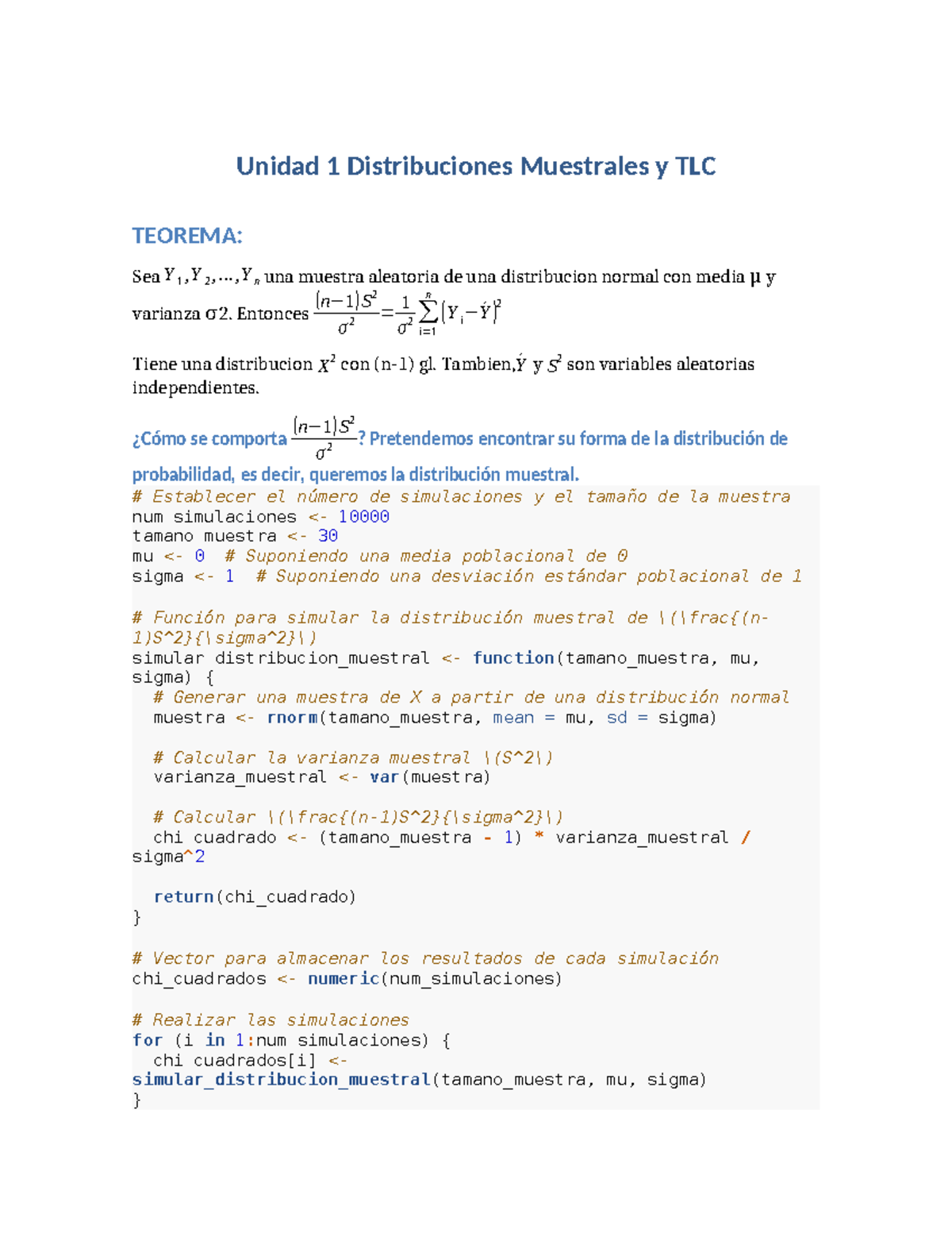 Unidad 1 Distribuciones Muestrales y TLC - .. ,Y n una muestra ...