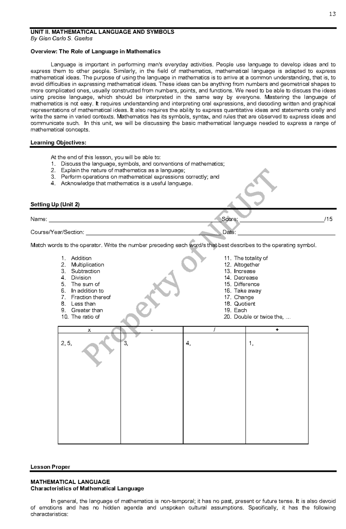 Unit 2 - Mathematical Language and Symbols - UNIT II. MATHEMATICAL ...