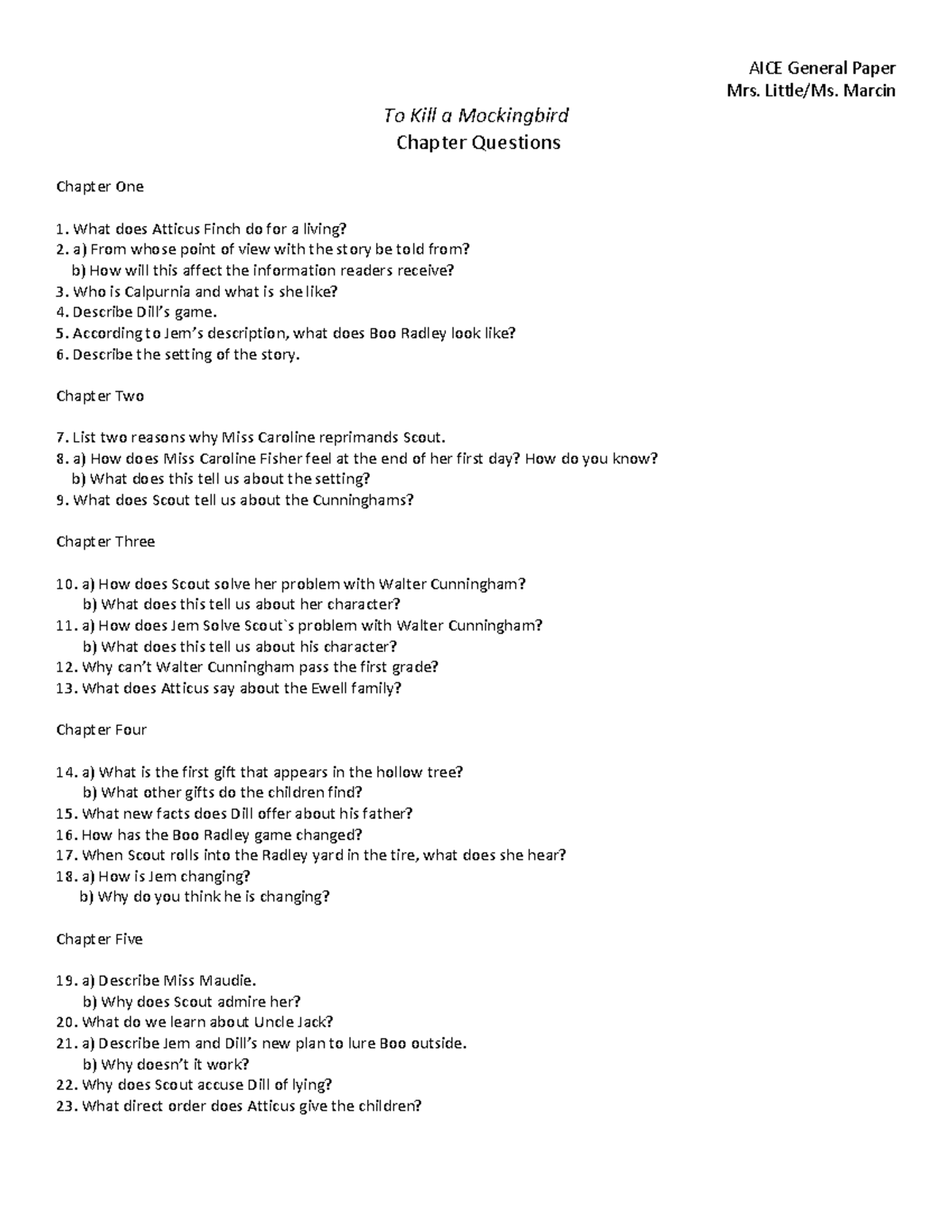 Tkam questions gr 10 - AICE General Paper Mrs. Little/Ms. Marcin To ...