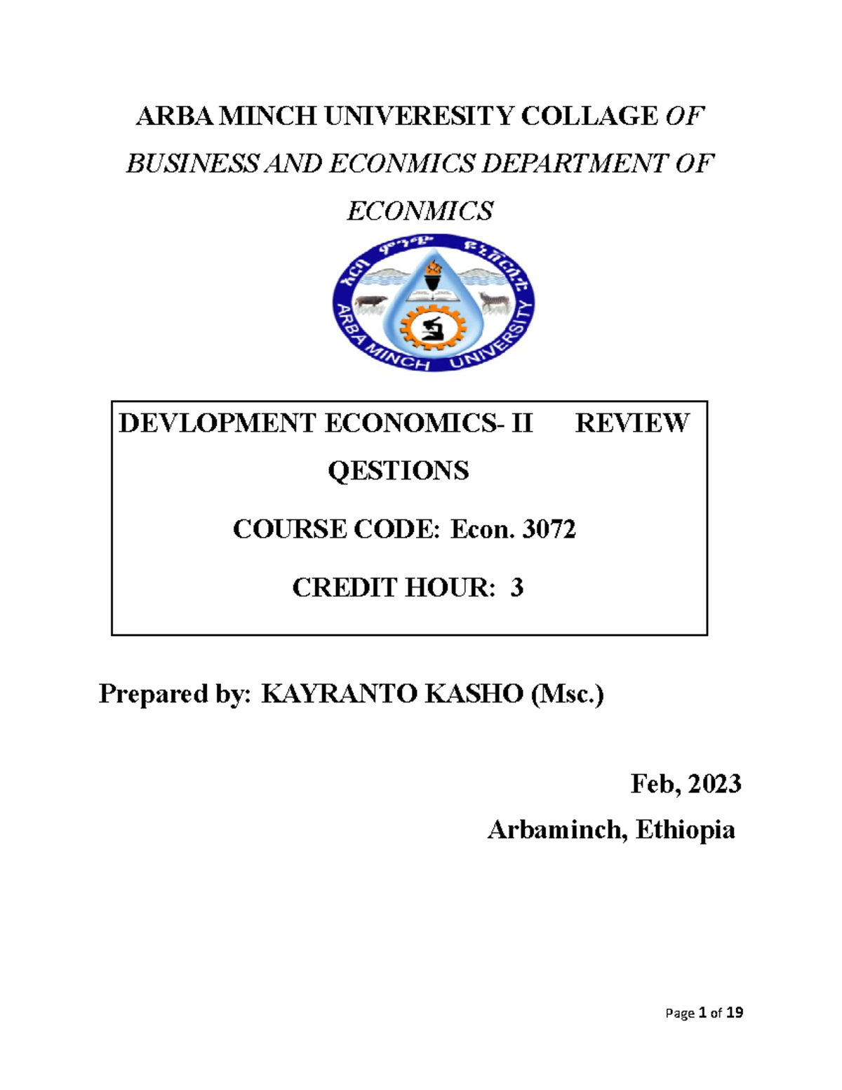 Kayranto Development Economics II Review Questions - ARBA MINCH UNIVERESITY COLLAGE OF BUSINESS ...