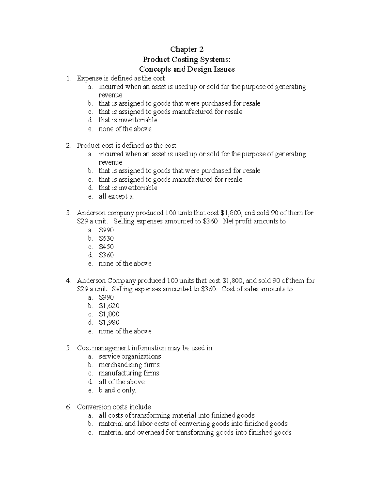 Chap 2 Practice Quiz - Chapter 2 Product Costing Systems: Concepts and ...