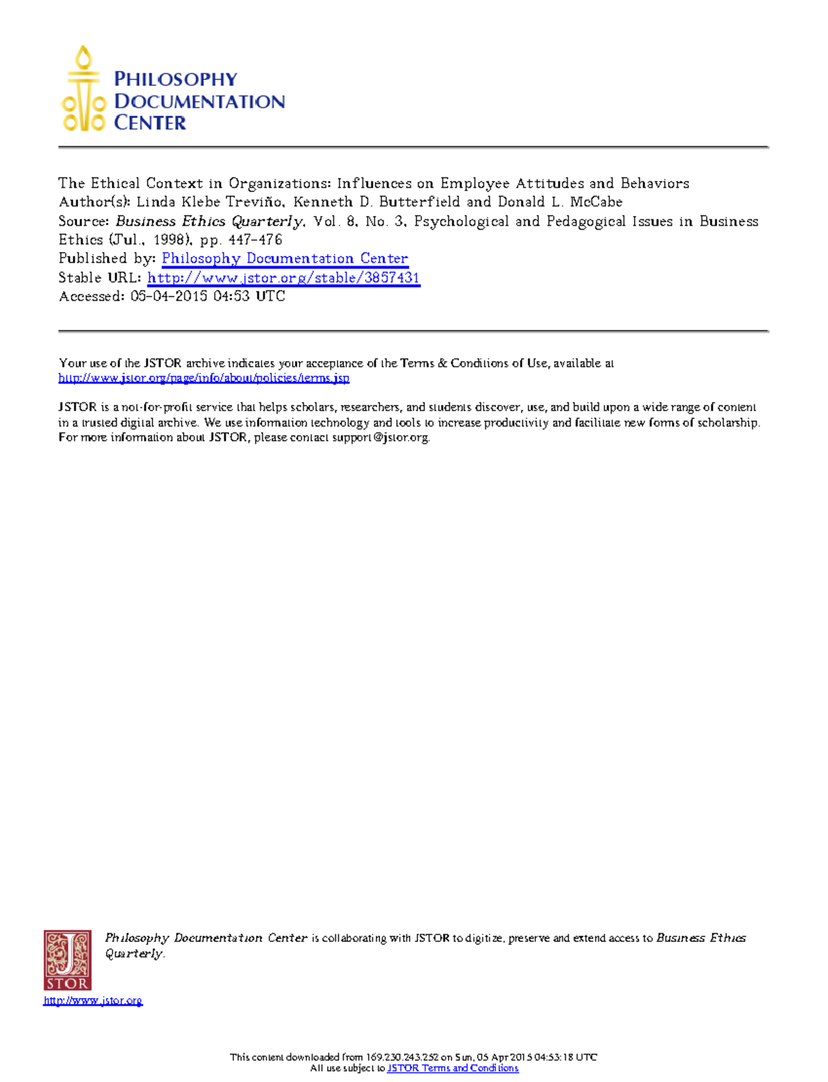 Trevino 1998 - the master note by trevinno - Philosophy Documentation Center is collaborating ...