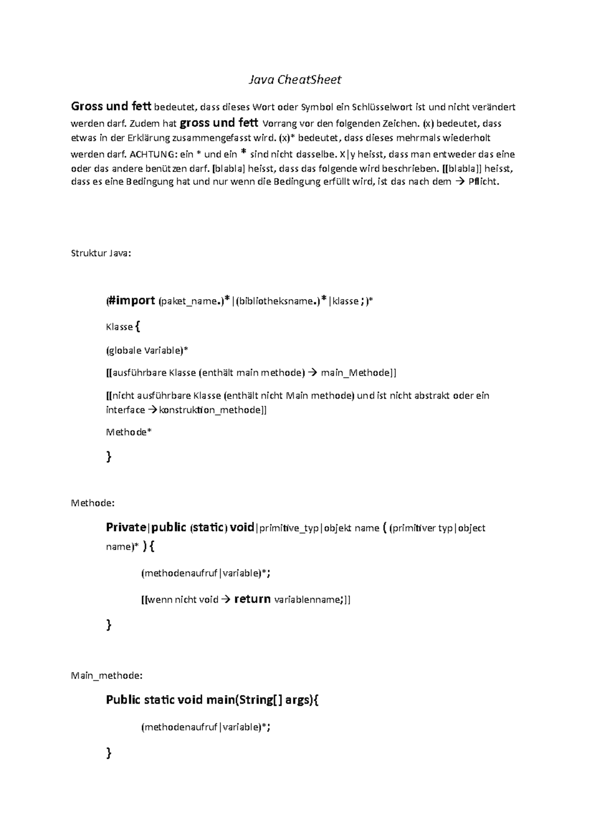 Struktur von Java Programmierung (Syntax) - Java CheatSheet Gross und ...