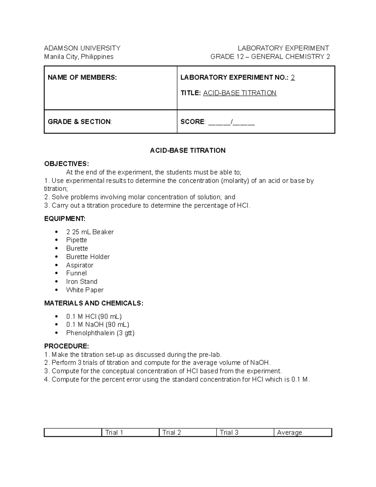 Adamson University Laboratory Experiment - ADAMSON UNIVERSITY ...