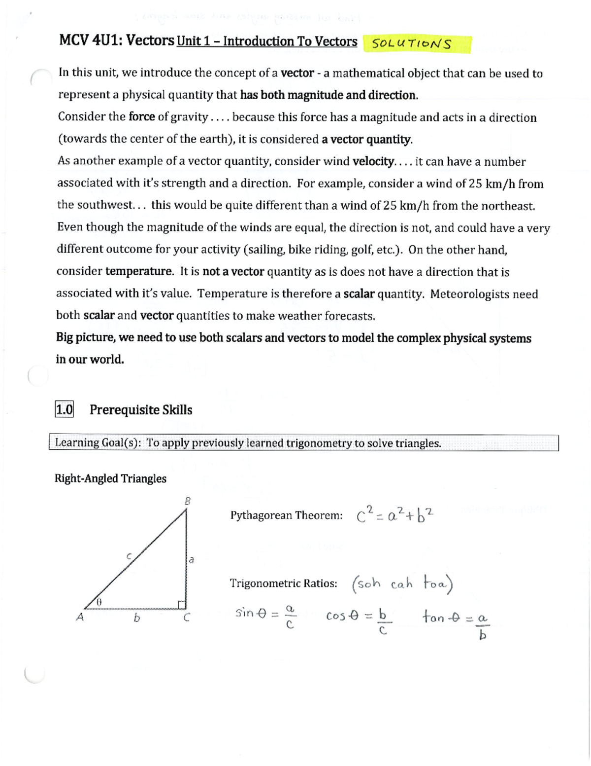 1.0 Solutions - Prerequisite Skills - Copy - MCV 4U1: Vectors Unit ...