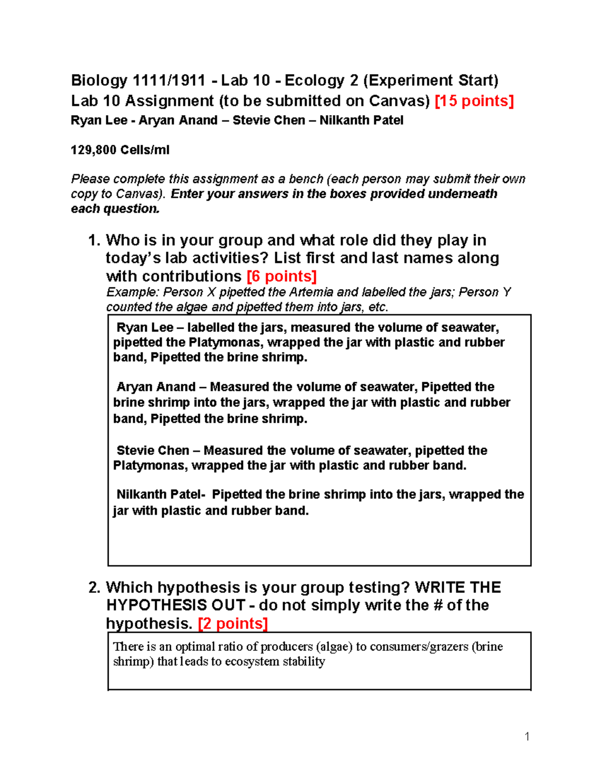 Lab 10- Ecology 2 - Assignment - Biology 1111/1911 - Lab 10 - Ecology 2 ...