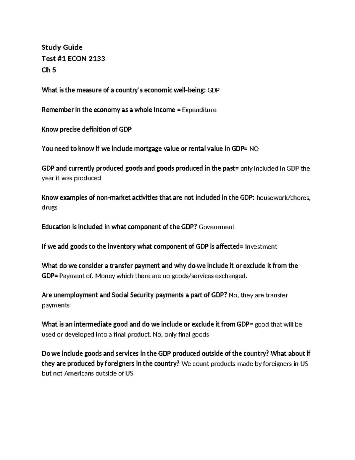 Study Guide ECON 2133 Ch. 5 IN - Study Guide Test #1 ECON 2133 Ch 5 ...