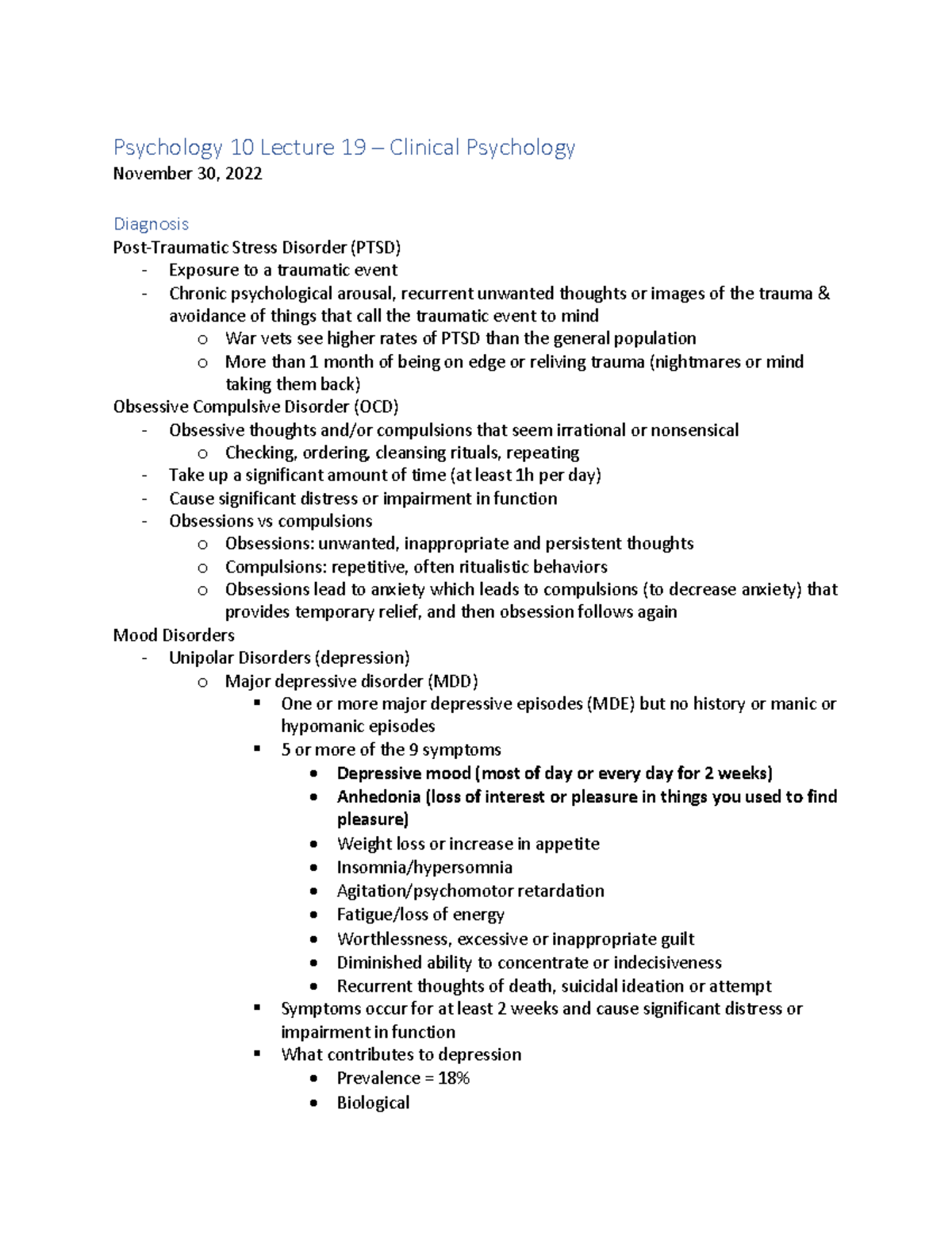 psych 10 lecture 19 - Psychology 10 Lecture 19 – Clinical Psychology ...