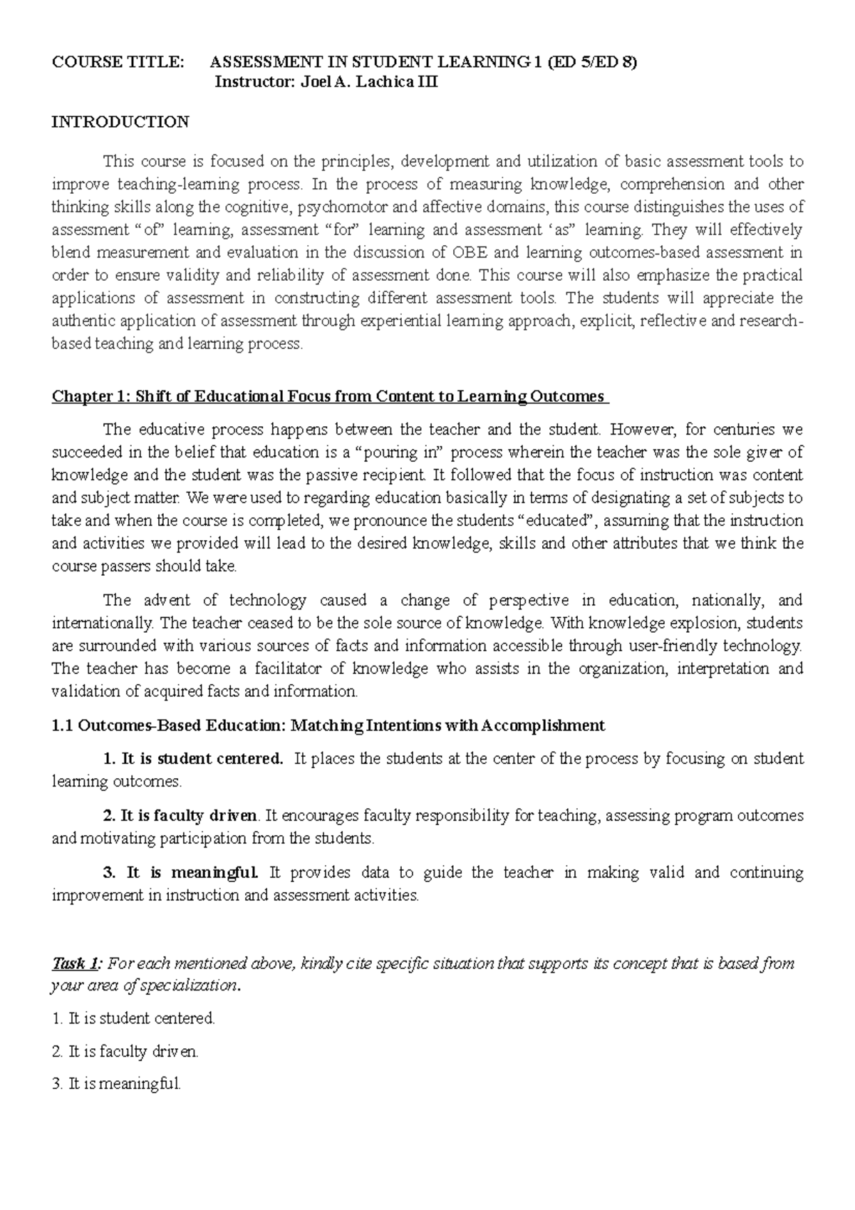 Assessment in learning 1 1st handout - COURSE TITLE: ASSESSMENT IN ...