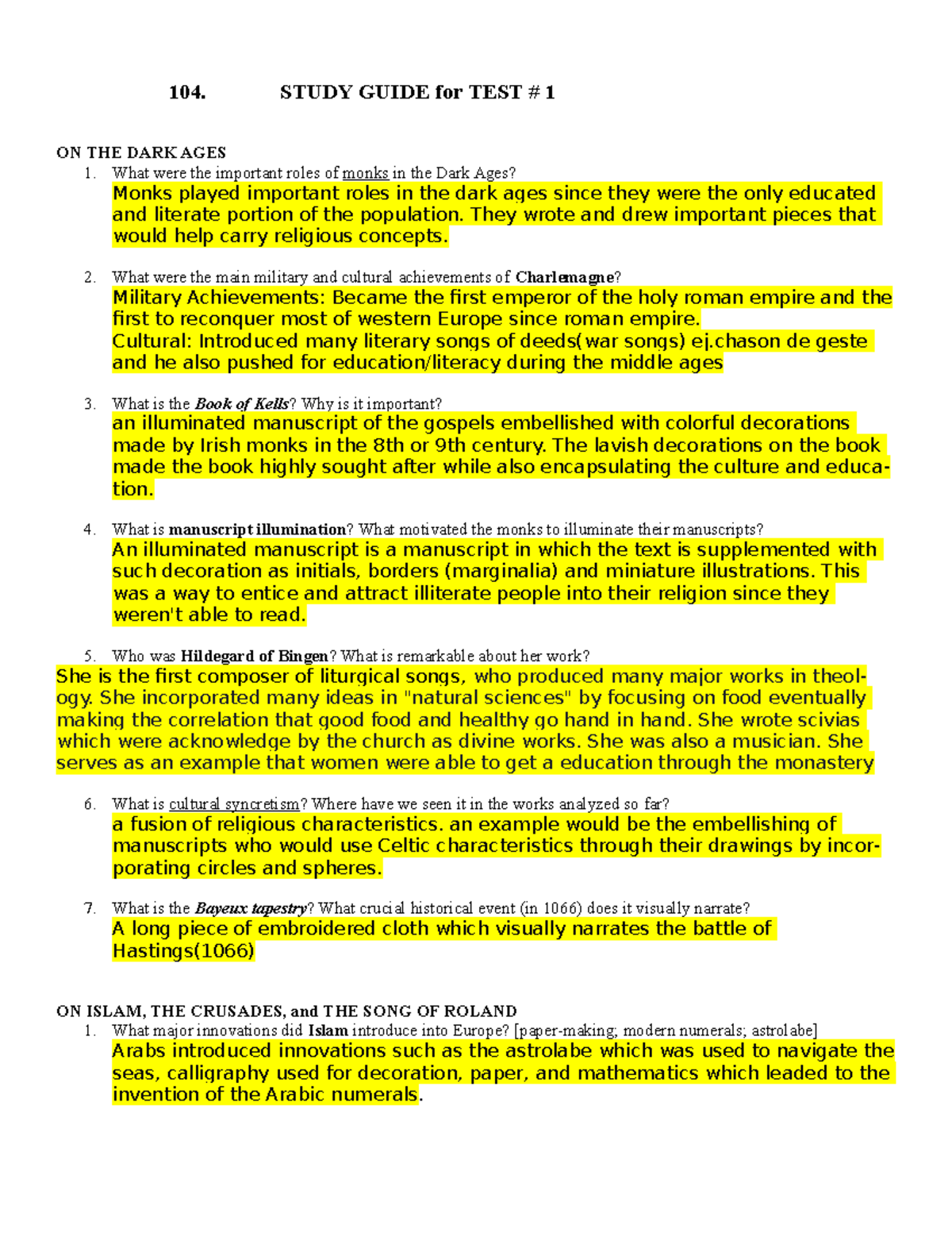 Hum 104 Study Guide TEST1 - 104. STUDY GUIDE for TEST # 1 ON THE DARK ...