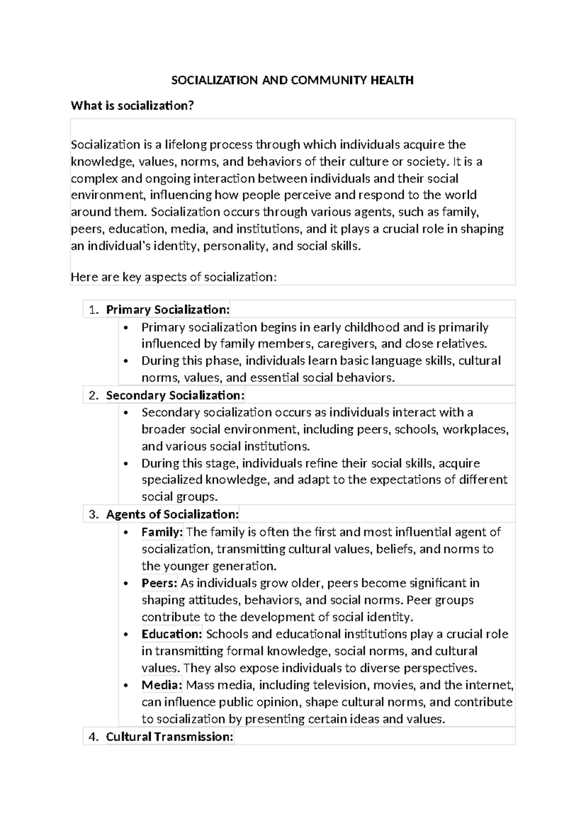 Socialization AND Community Health - SOCIALIZATION AND COMMUNITY HEALTH ...