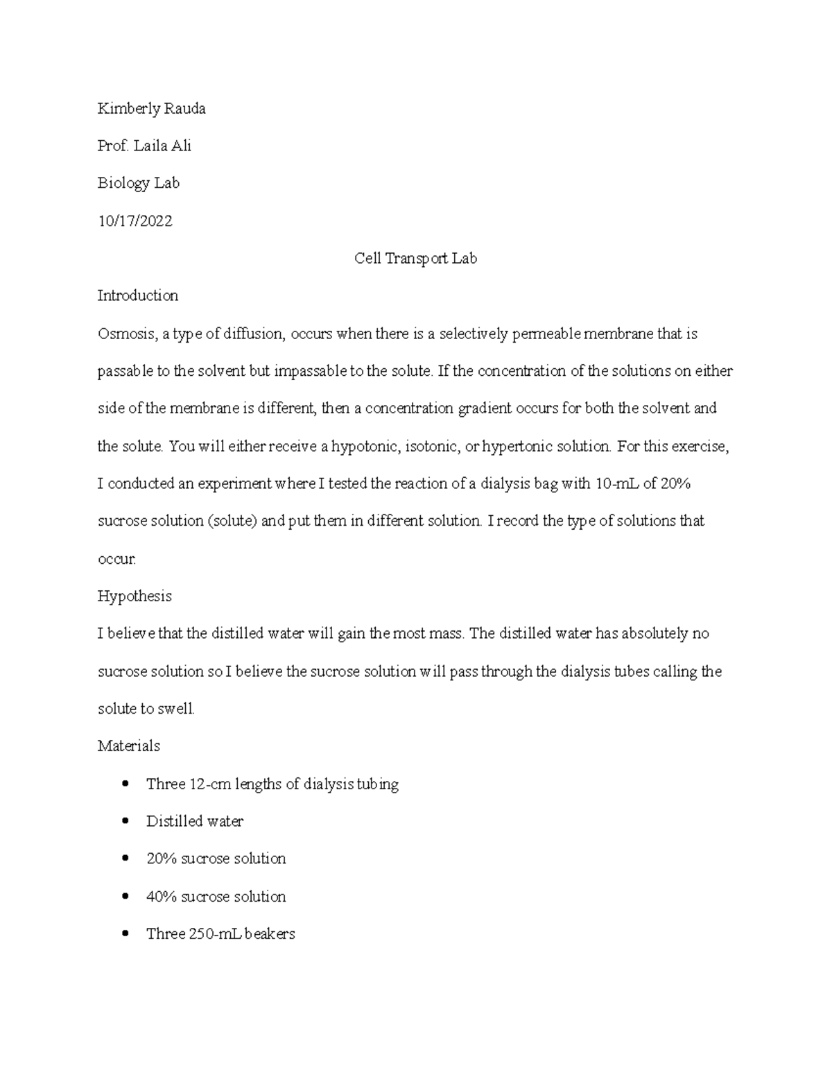 Cell Transport Lab Report - Kimberly Rauda Prof. Laila Ali Biology Lab ...