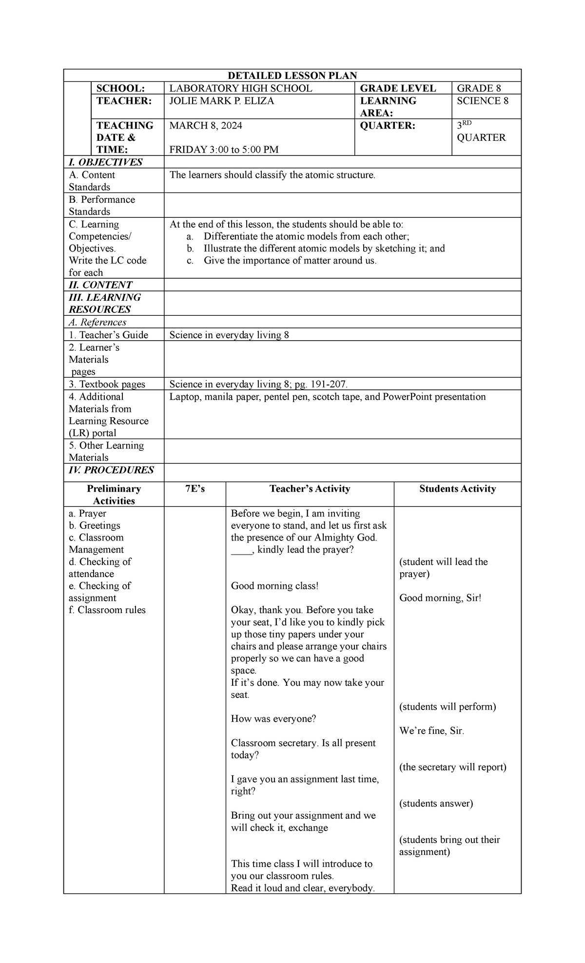 Atomic Models - DETAILED LESSON PLAN SCHOOL: LABORATORY HIGH SCHOOL ...