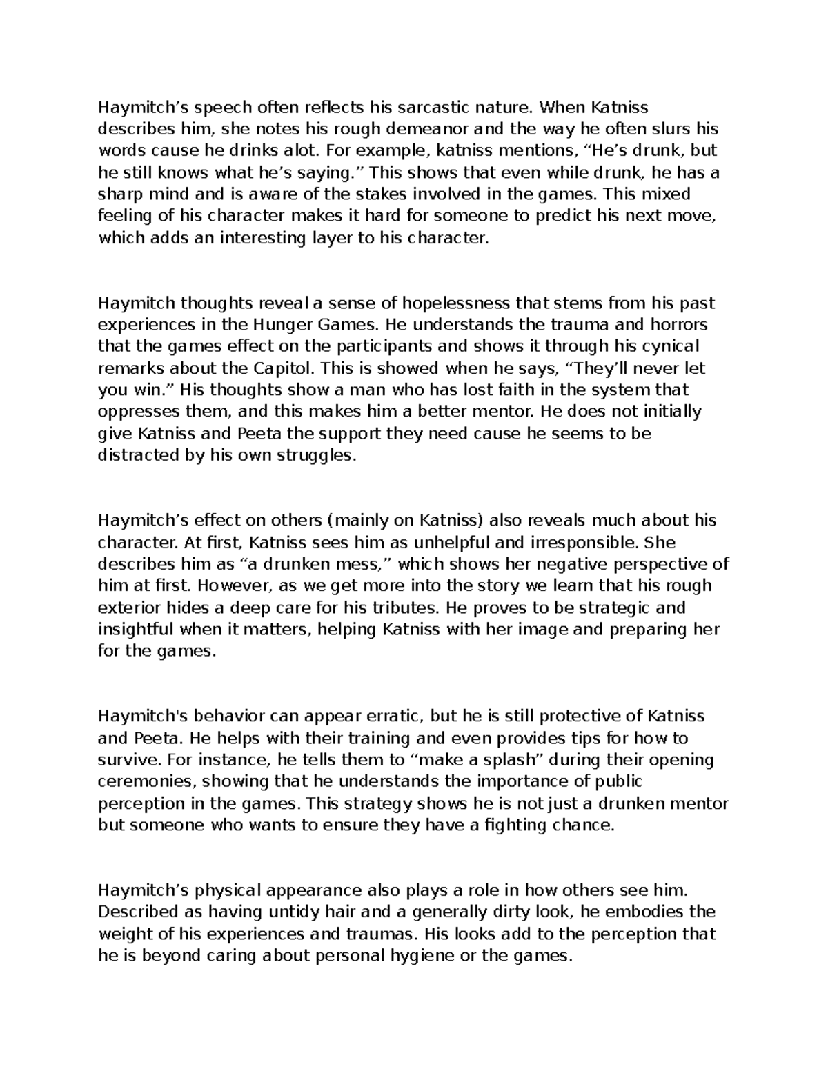 Haymitch - use steal to write about a character from hunger games other ...