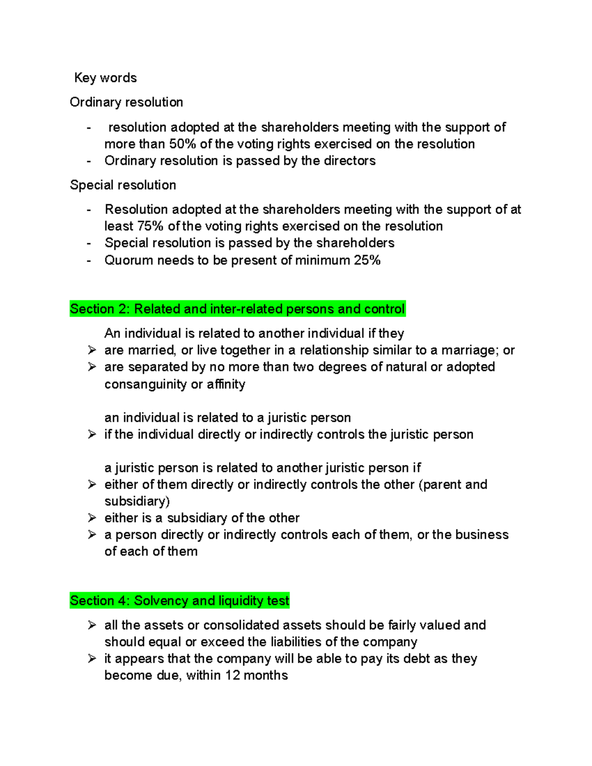 Companies Act summarised - Key words Ordinary resolution resolution ...