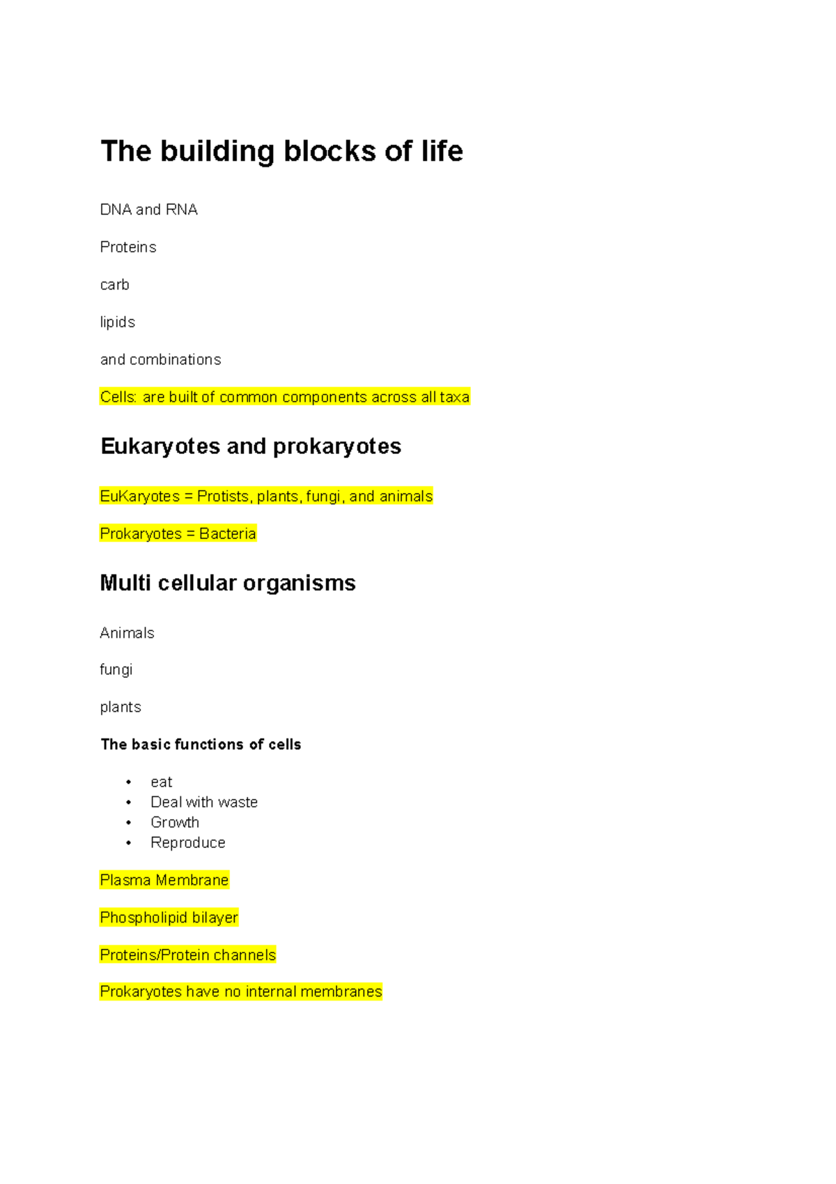 Cell biology - Lecture notes 1 - The building blocks of life DNA and ...