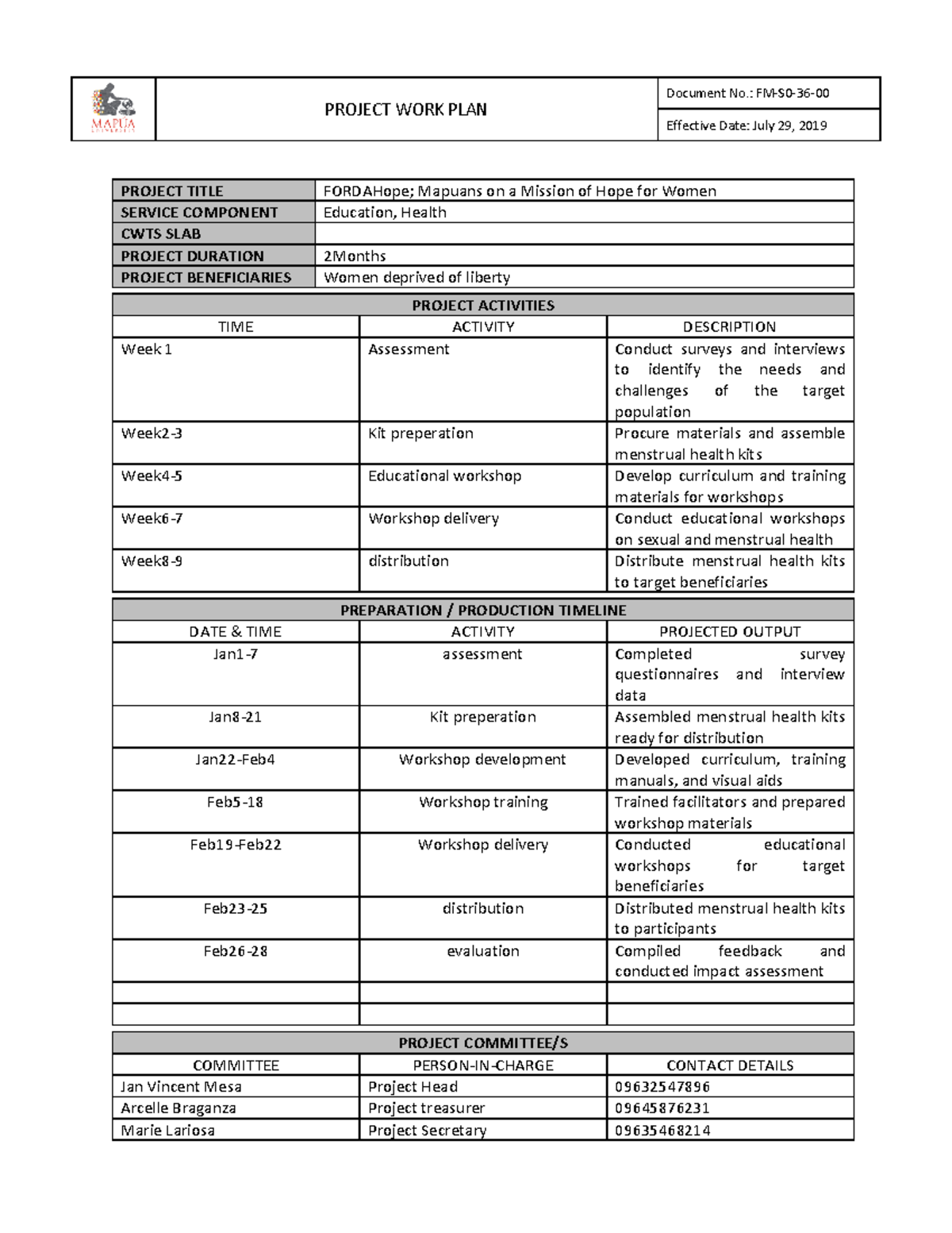 CWTS Project PLAN - PROJECT WORK PLAN Document No.: FM-S0- 36 - 00 Effective Date: July 29, 2019 ...