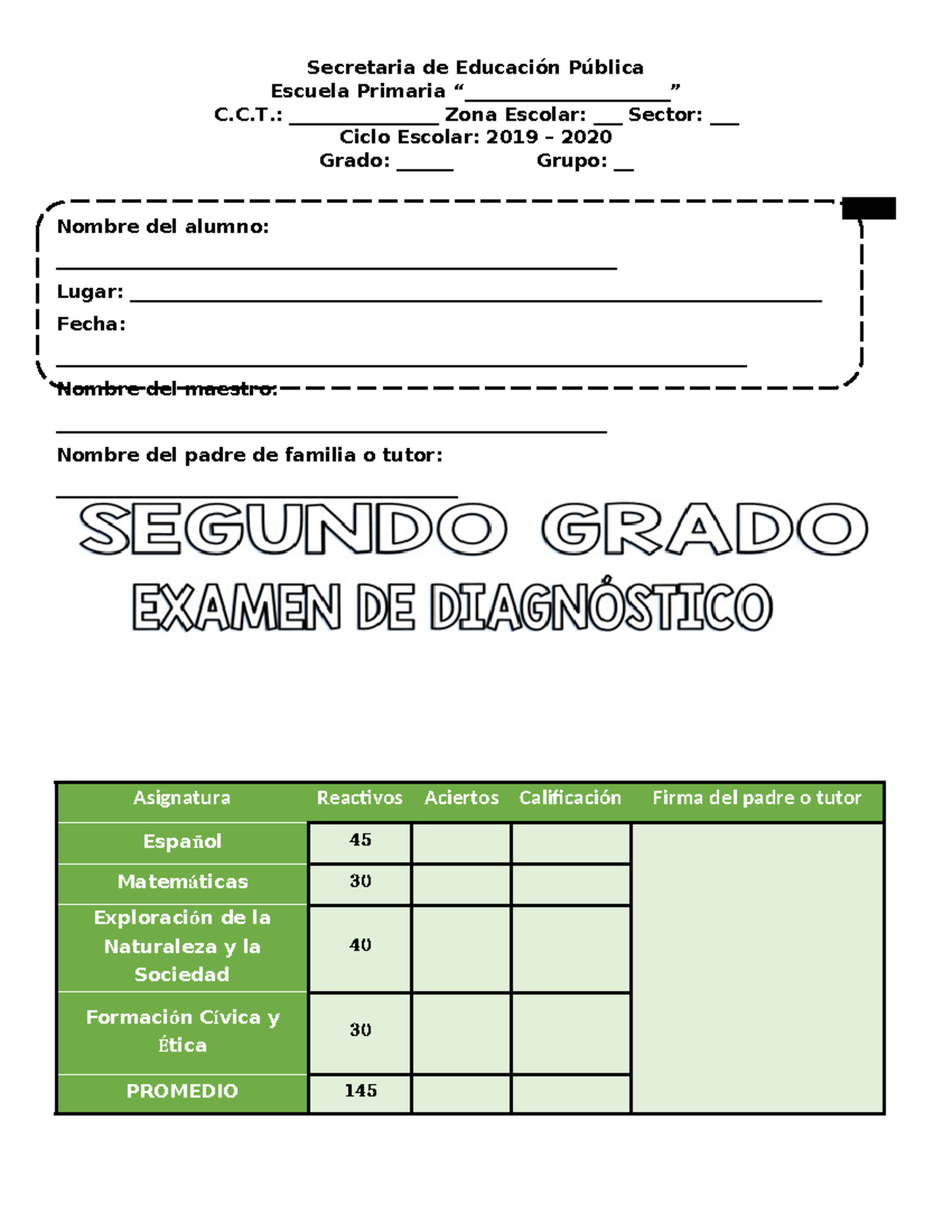 Examen Diagnostico Segundo grado 2019 – 2020 - Secretaria de Educación Pública Escuela Primaria ...