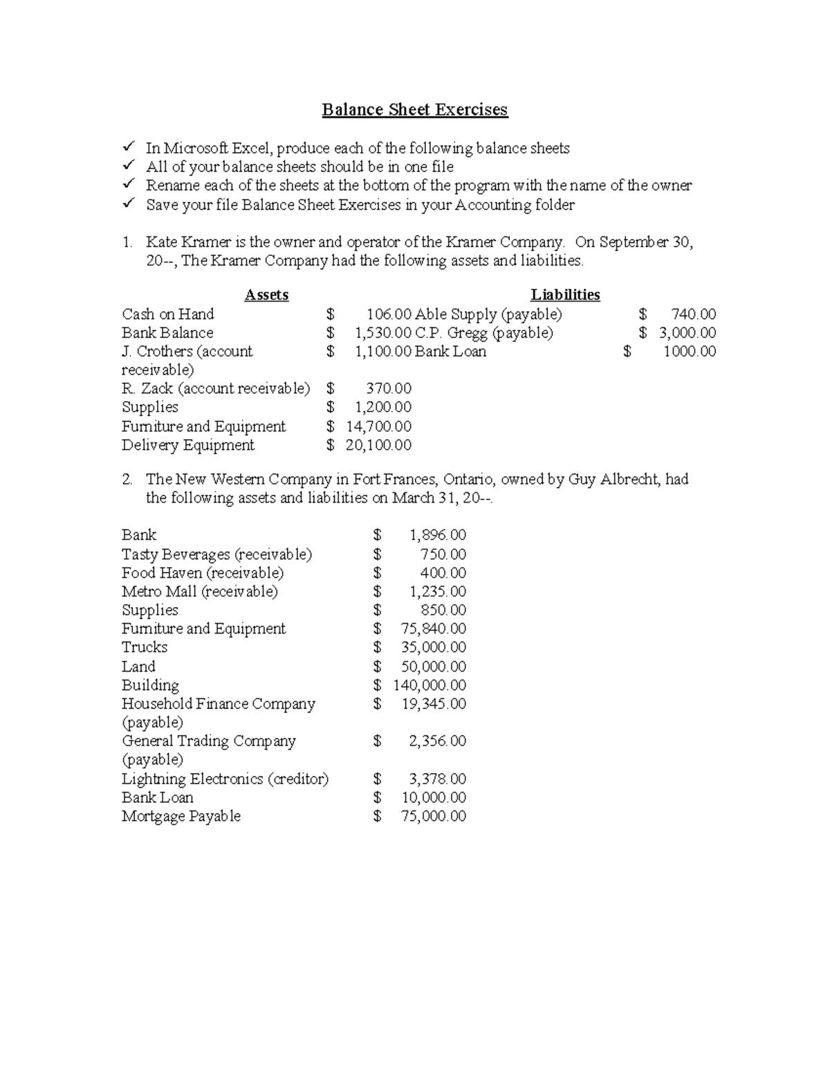 2 - Homework - Balance Sheet Exercises In Microsoft Excel, produce each ...