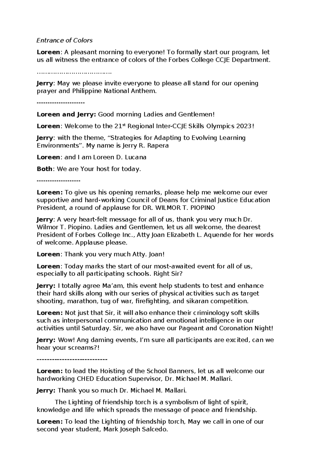 Entrance of Colors EMcee Script - Entrance of Colors Loreen: A pleasant ...