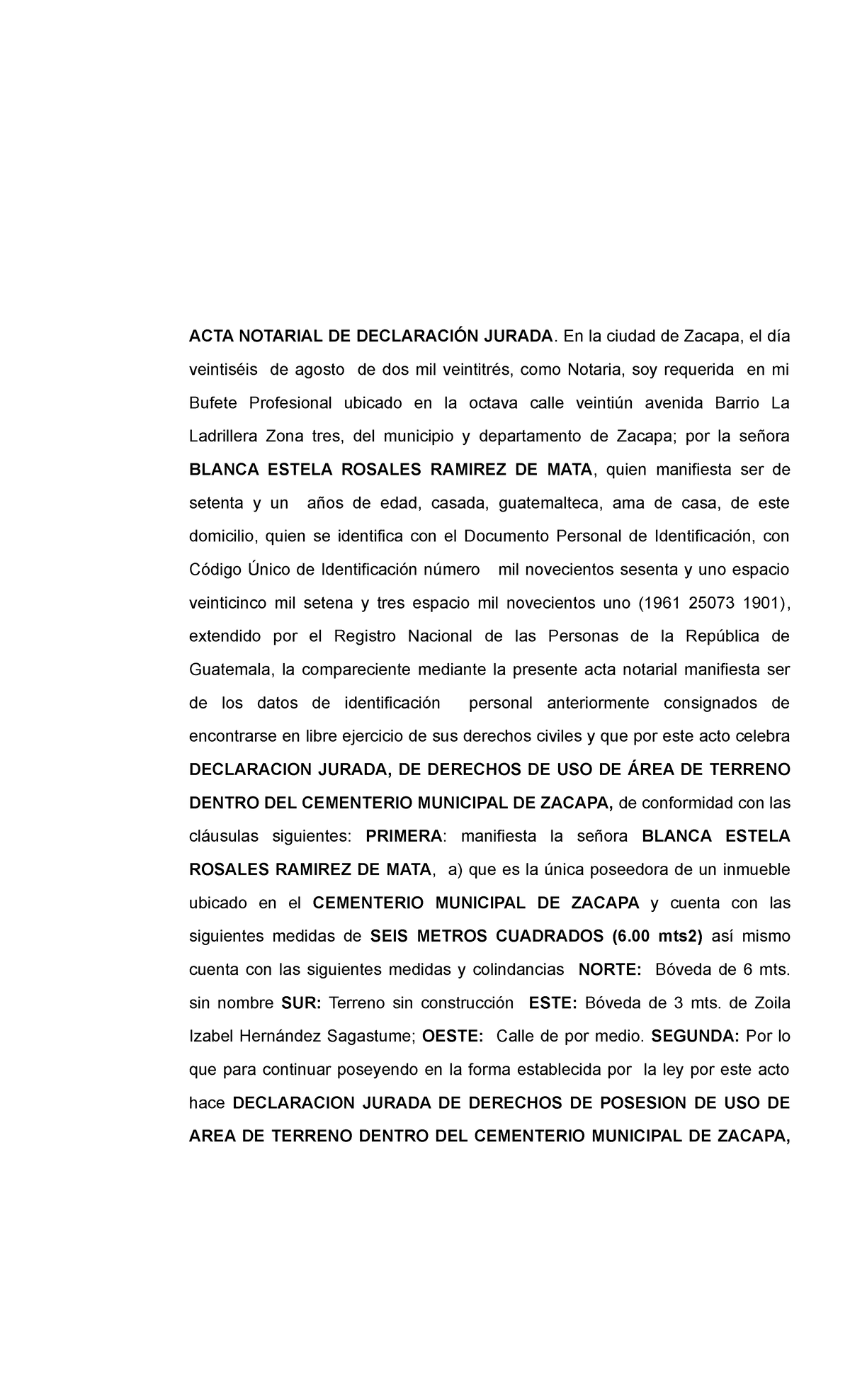 Declaración Jurada Cementerio Blanca Esela Rosales Ramirez DE MATA - ACTA NOTARIAL DE ...