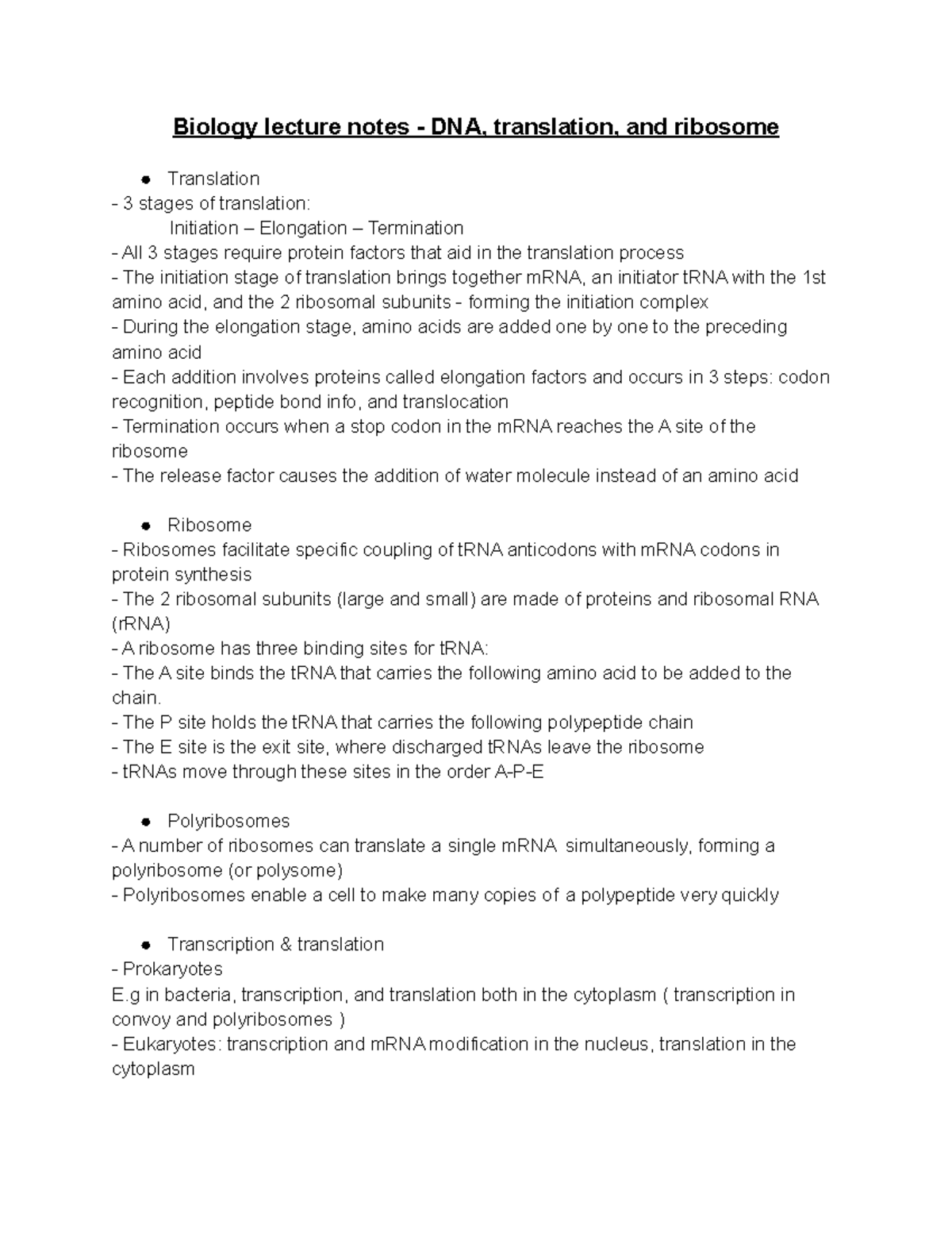 Biology lecture notes - DNA, translation and ribosome - The P site ...
