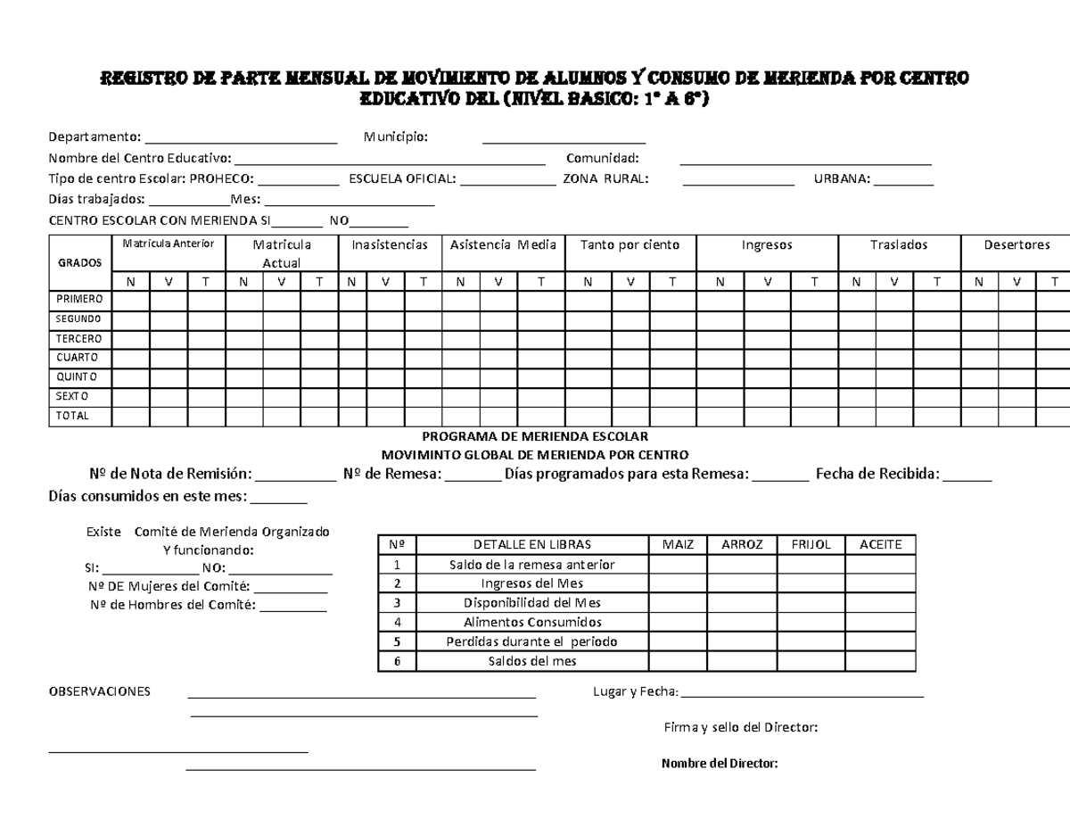 Formato DE Parte Messual basica-1 - REGISTRO DE PARTE MENSUAL DE ...