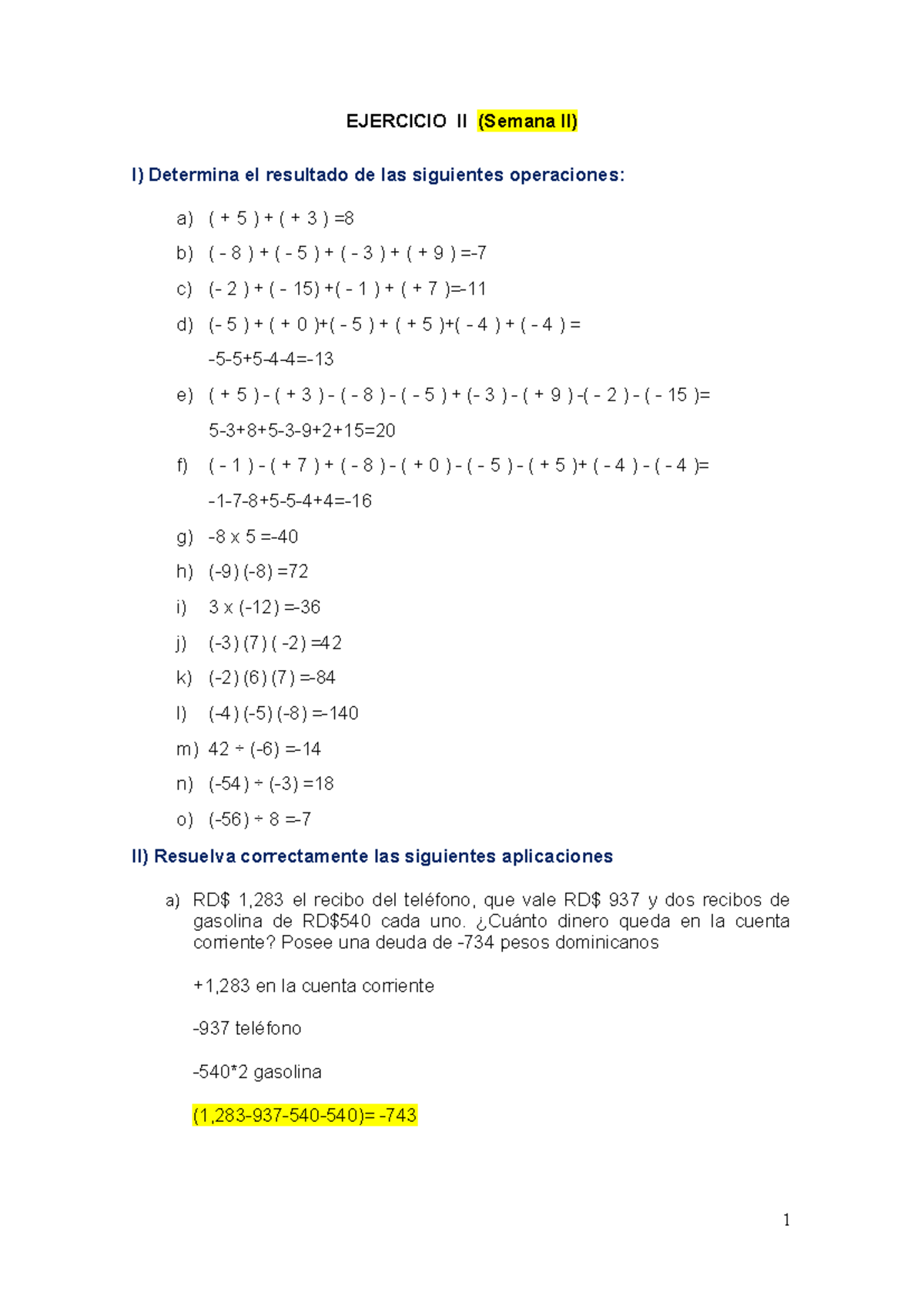 Ejercicio Unidad Números Enteros Tarea 2 Ejercicio Ii Semana Ii I