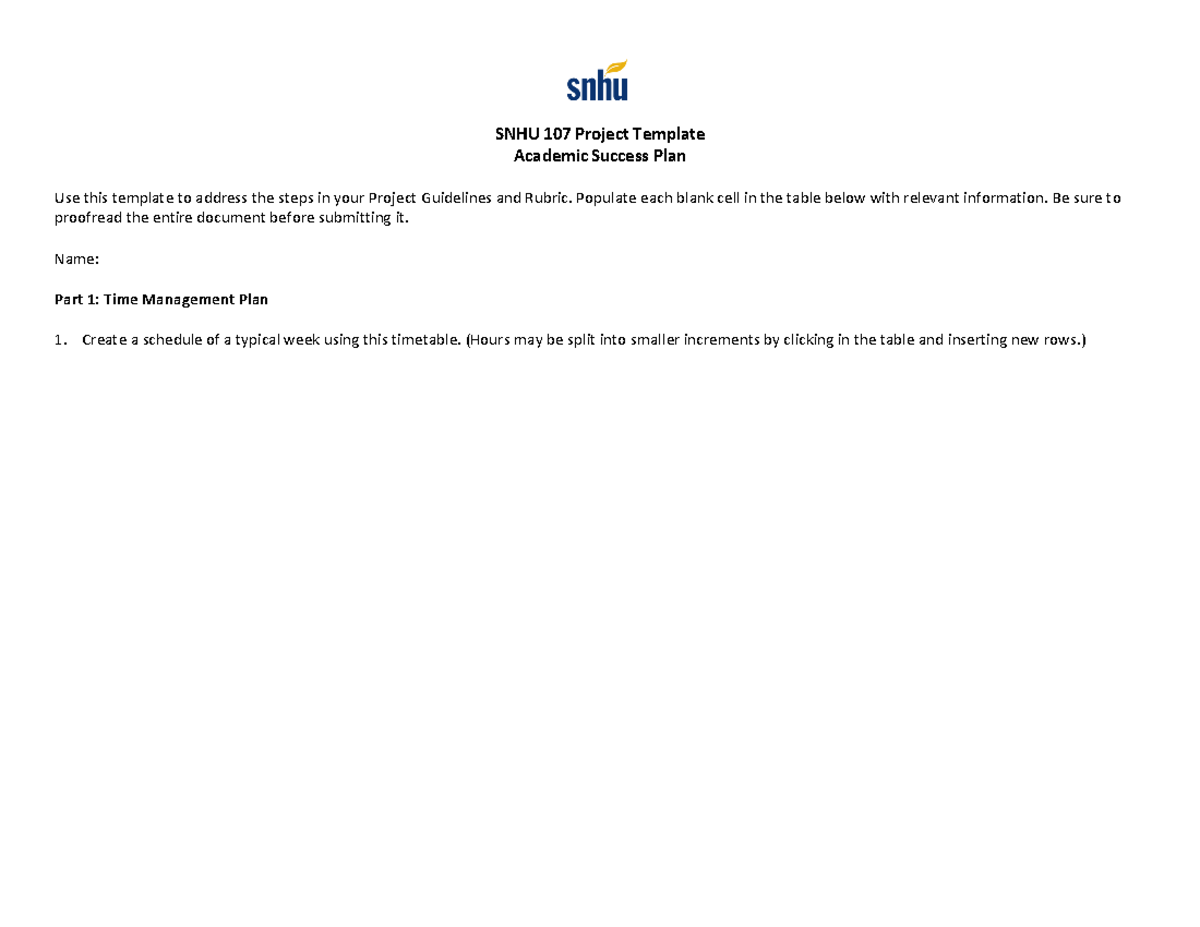Final Project: Success Plan - SNHU 107 Project Template Academic Success Plan Use this template ...
