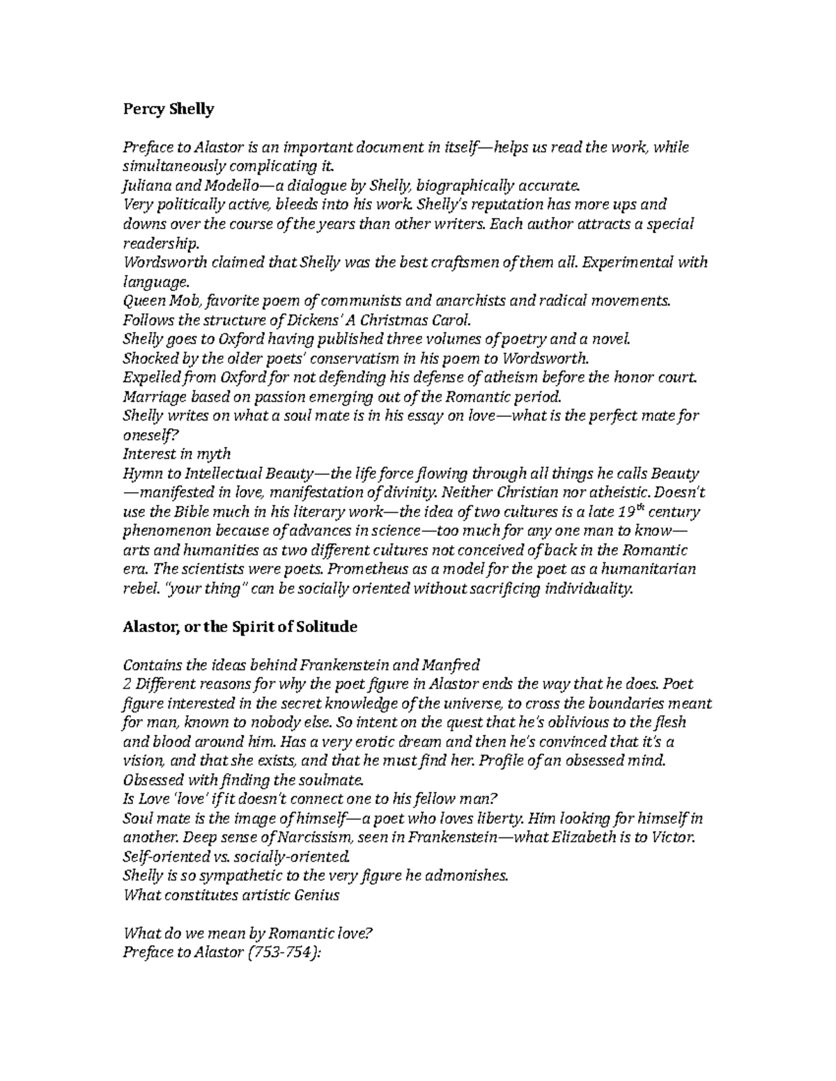 Percy Shelly - Lecture notes 2 - Percy Shelly Preface to Alastor is an ...