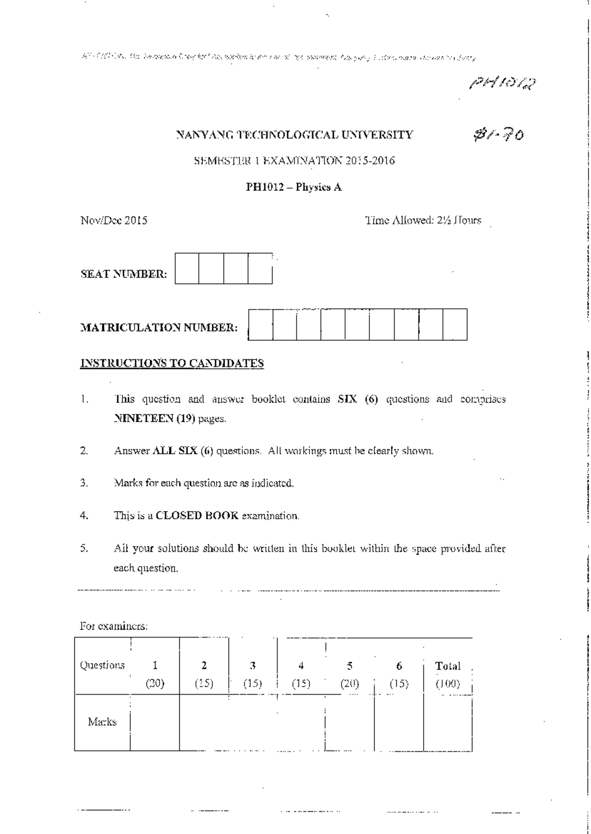 PH1012 Physics A 2015/16 Exam - PH1012 - Studocu