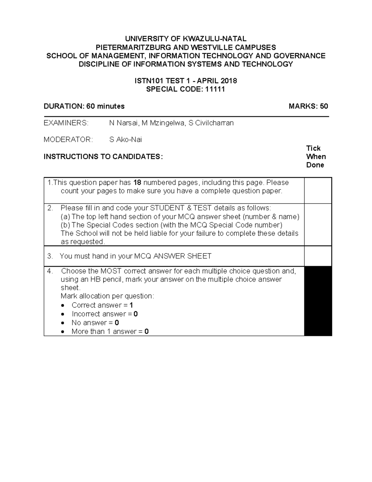 ISTN101 Test 1 2018 copy - UNIVERSITY OF KWAZULU-NATAL PIETERMARITZBURG ...
